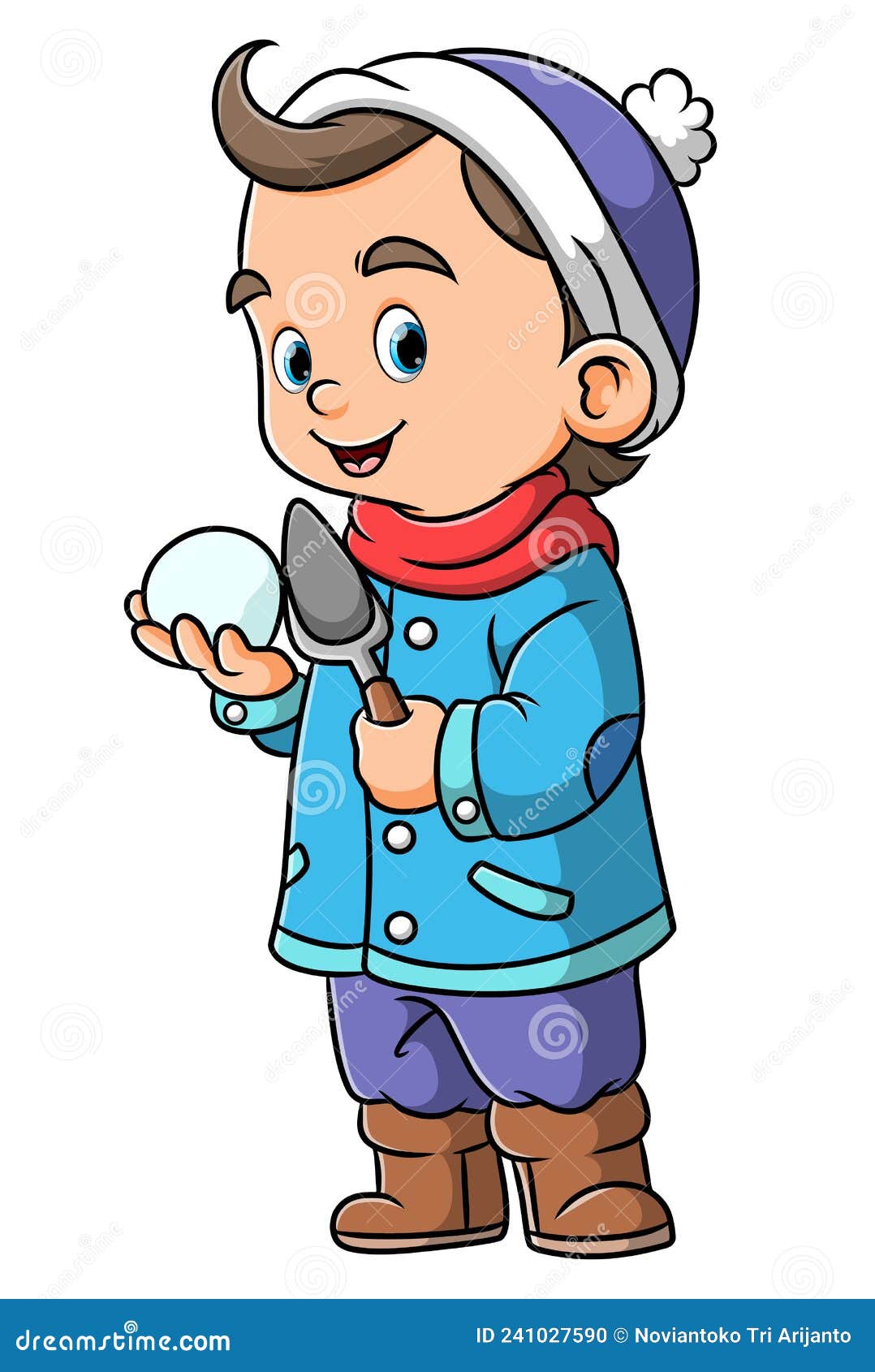 The Cute Boy is Making a Snowball with the Shovel Stock Vector ...