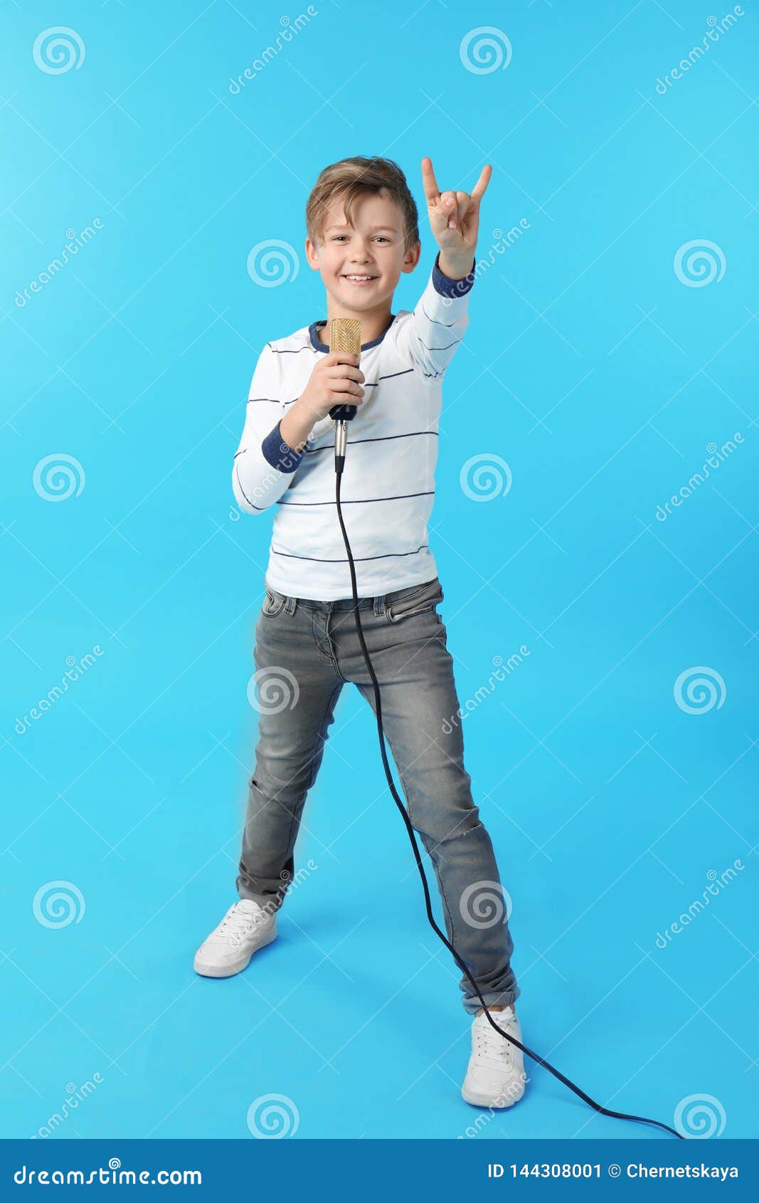 Cute Boy with Microphone on Background Stock Image - Image of little ...