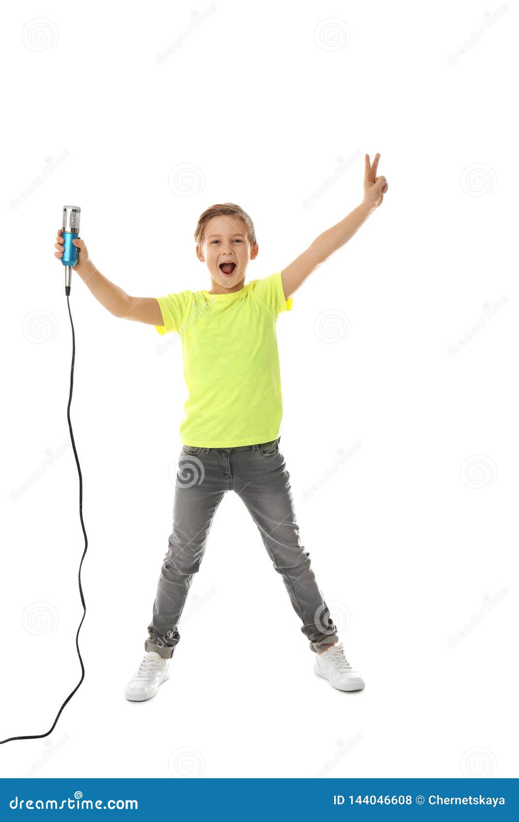 Cute Boy with Microphone on White Stock Photo - Image of caucasian ...