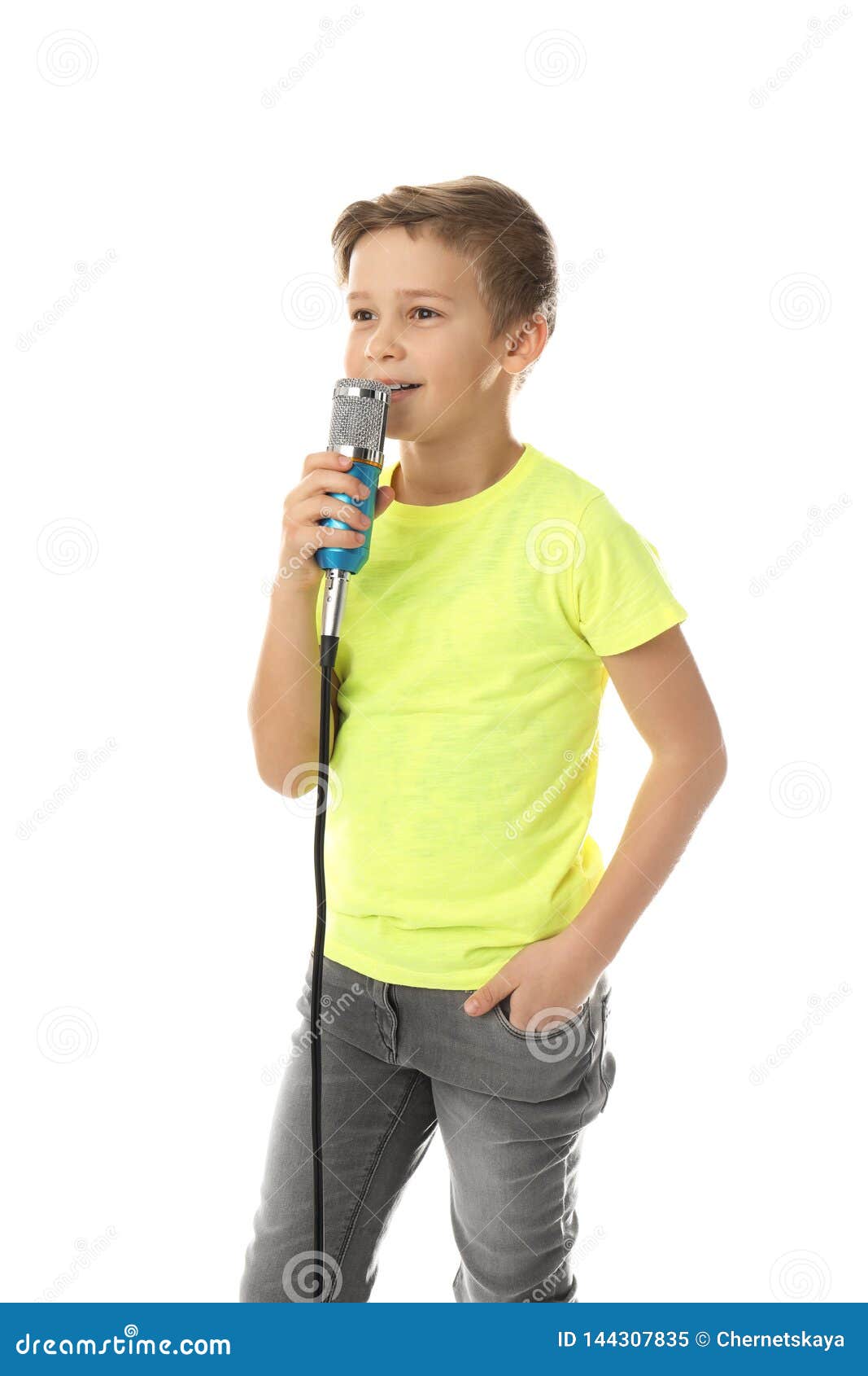 Cute Boy with Microphone on White Stock Image - Image of show, playing ...