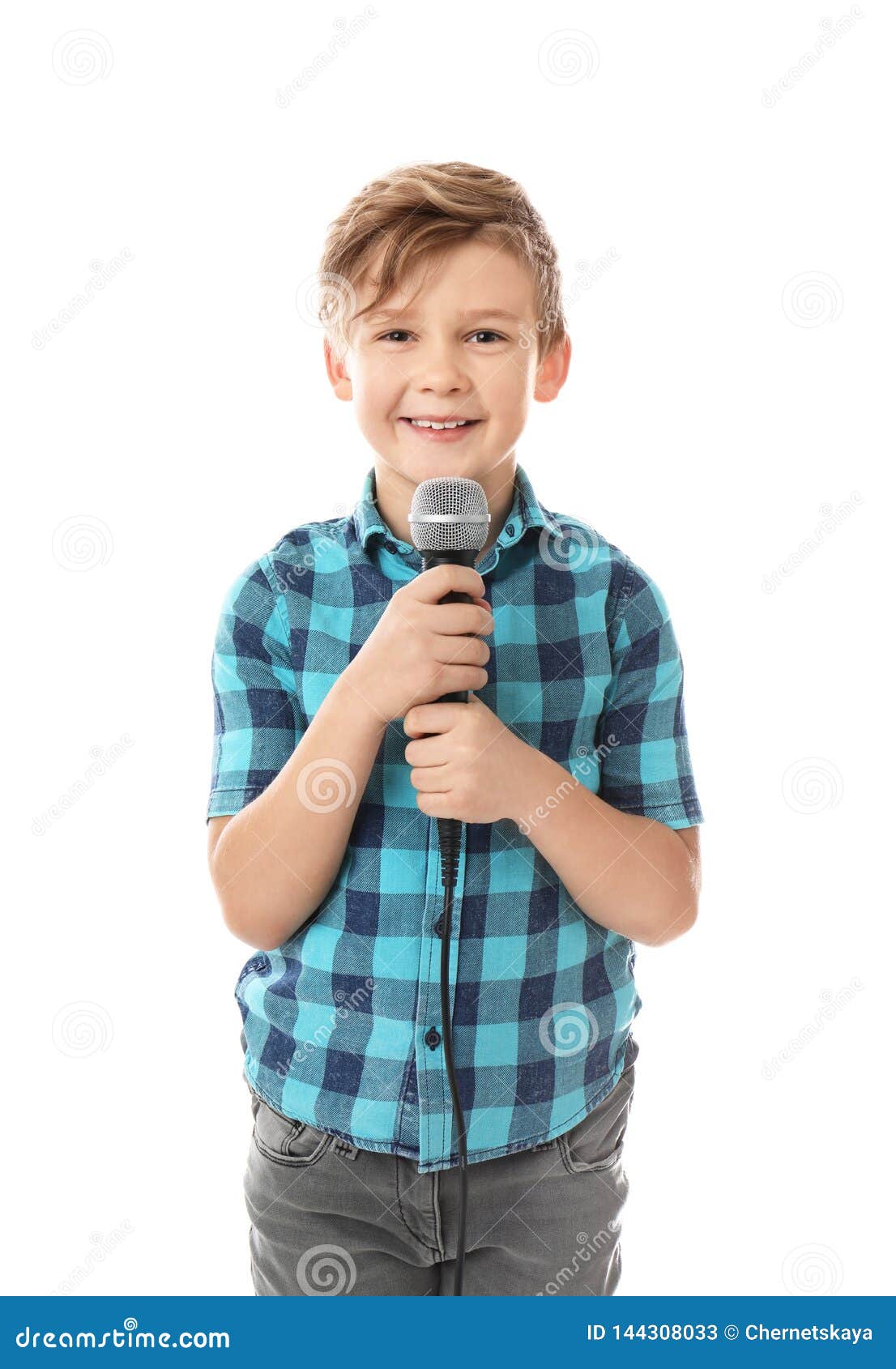 Cute Boy with Microphone on White Stock Image - Image of audio ...