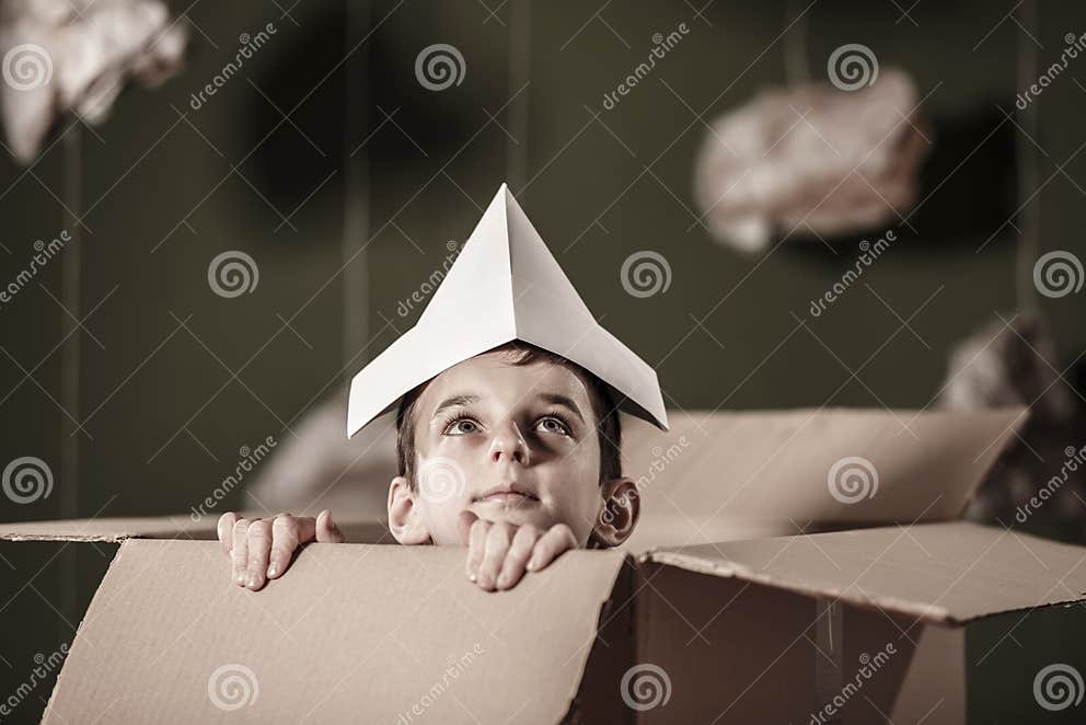 Cute boy in paper box stock photo. Image of happy, cloud - 57695206