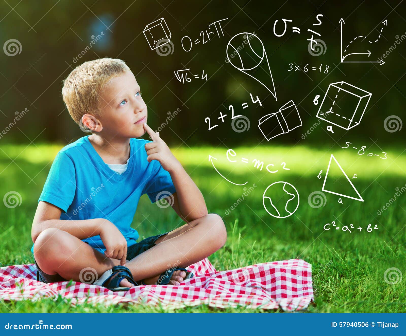 Cute Boy in a Park Thinking Stock Photo - Image of nature, math: 57940506