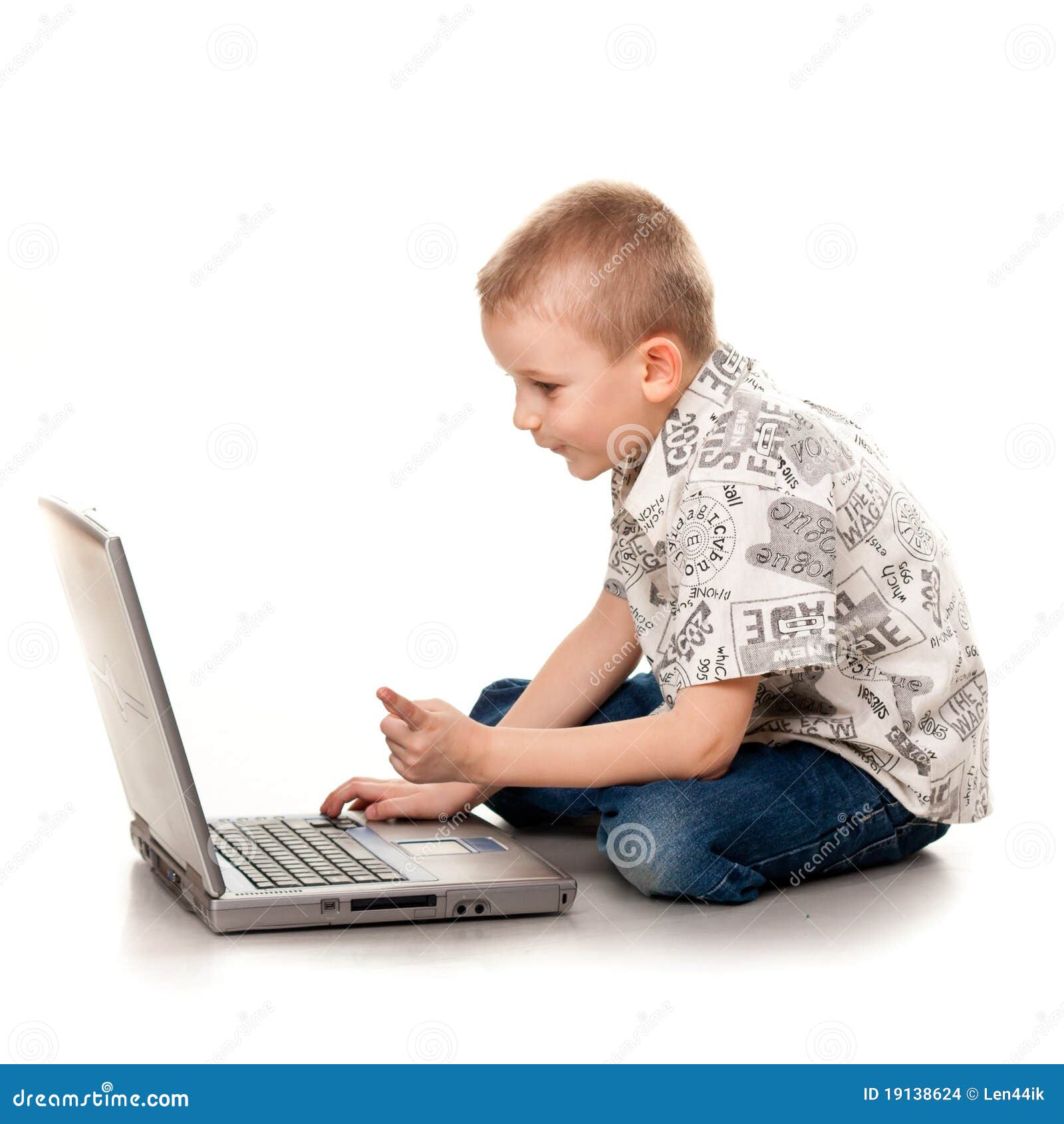 Cute Boy Playing with Laptop Stock Photo - Image of opening, childhood ...