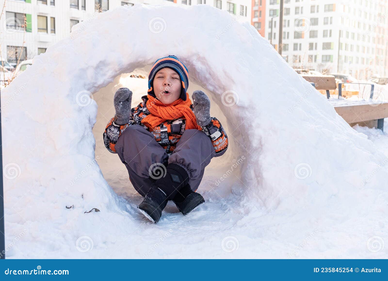 Cute Boy Playing in the Snow Castle Stock Photo - Image of clothes ...