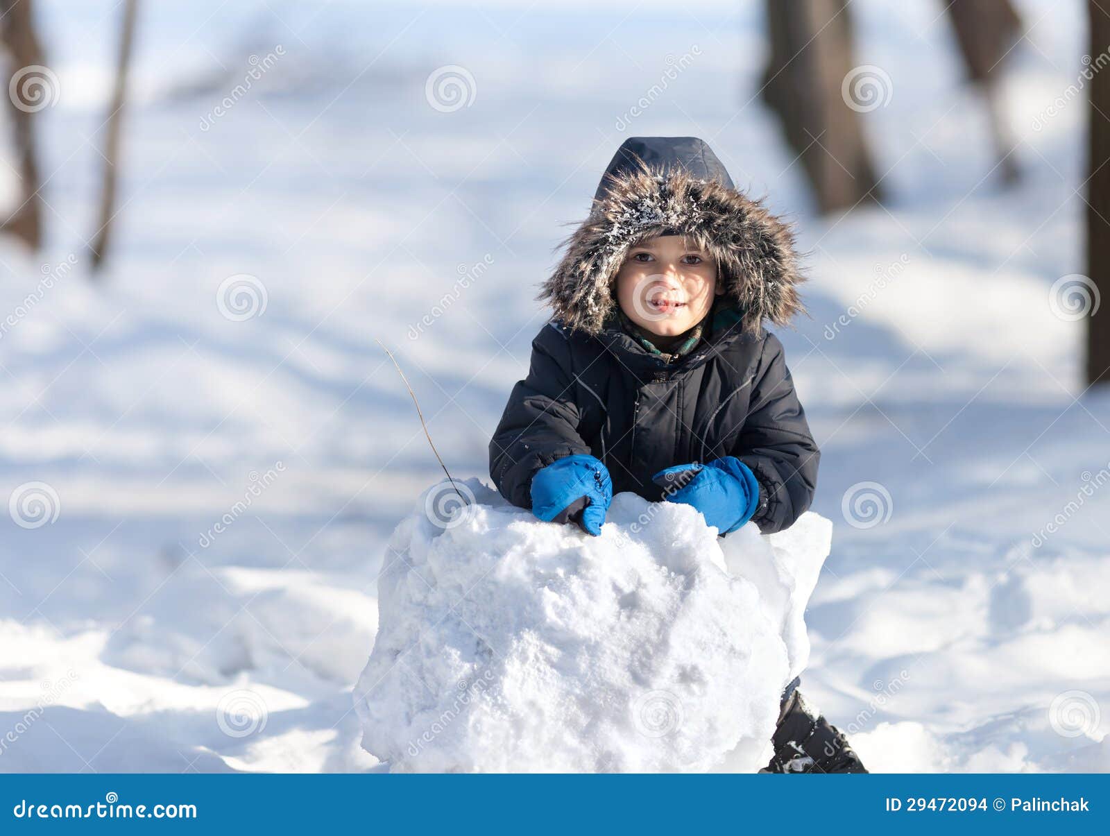 Cute Boy Playing with Snow in the Winter Park Stock Photo - Image of ...