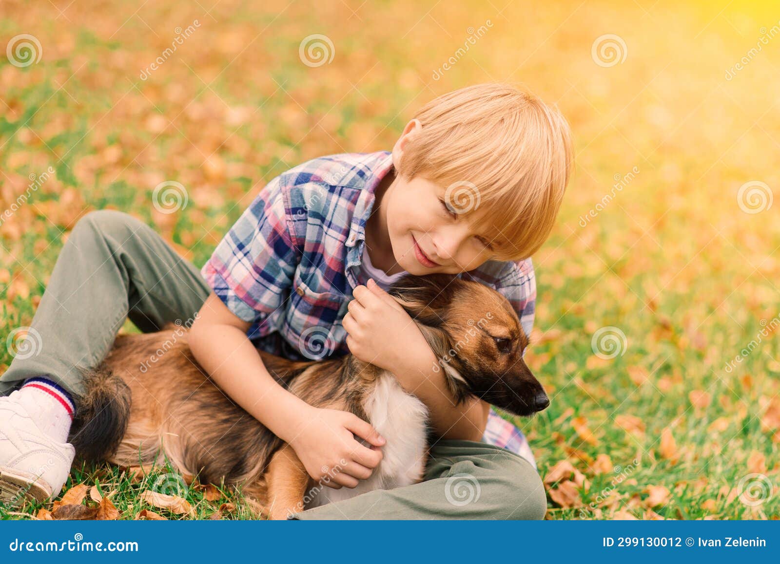 Cute Boy Playing and Walking with His Dog in a Meadow. Stock Photo ...