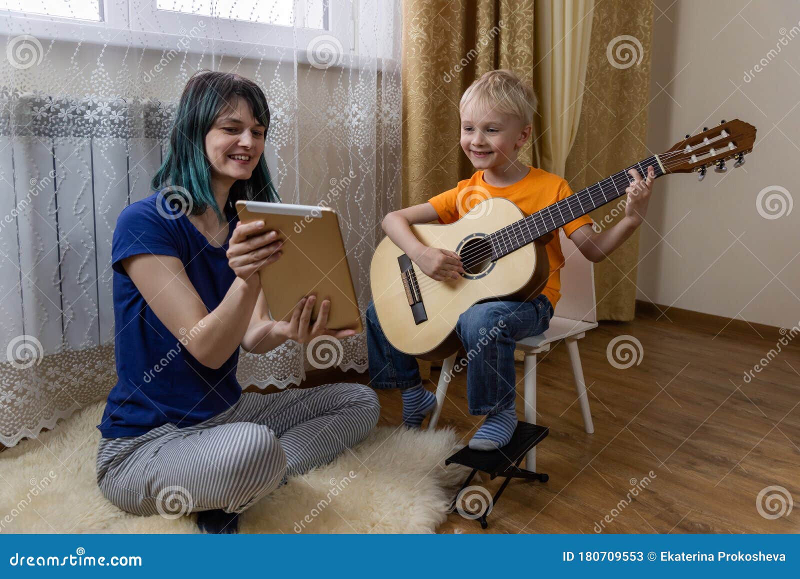 Mom And Son Play The Guitar Stock Image Image Of Learn Home 180709553