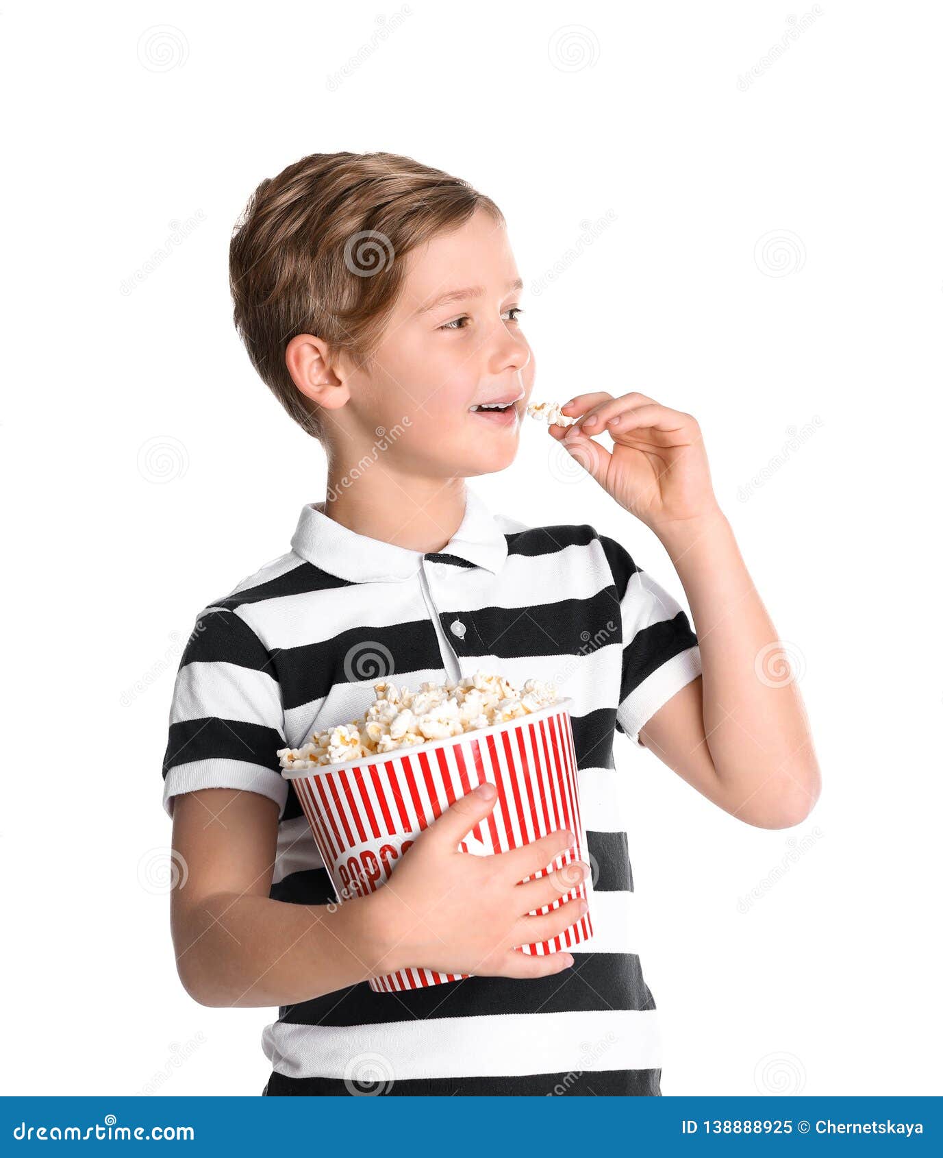 Cute Boy with Popcorn Bucket on White Stock Image - Image of happy ...