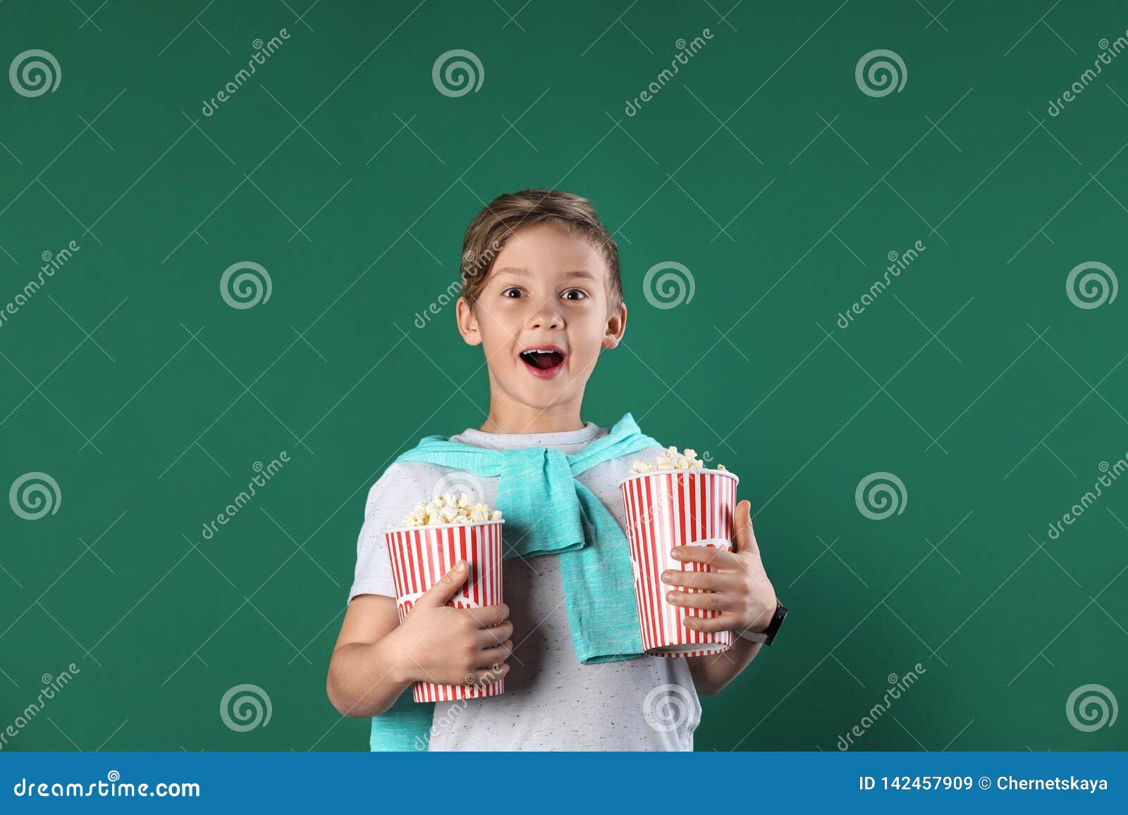 Cute Boy with Popcorn Buckets Stock Image - Image of childhood ...