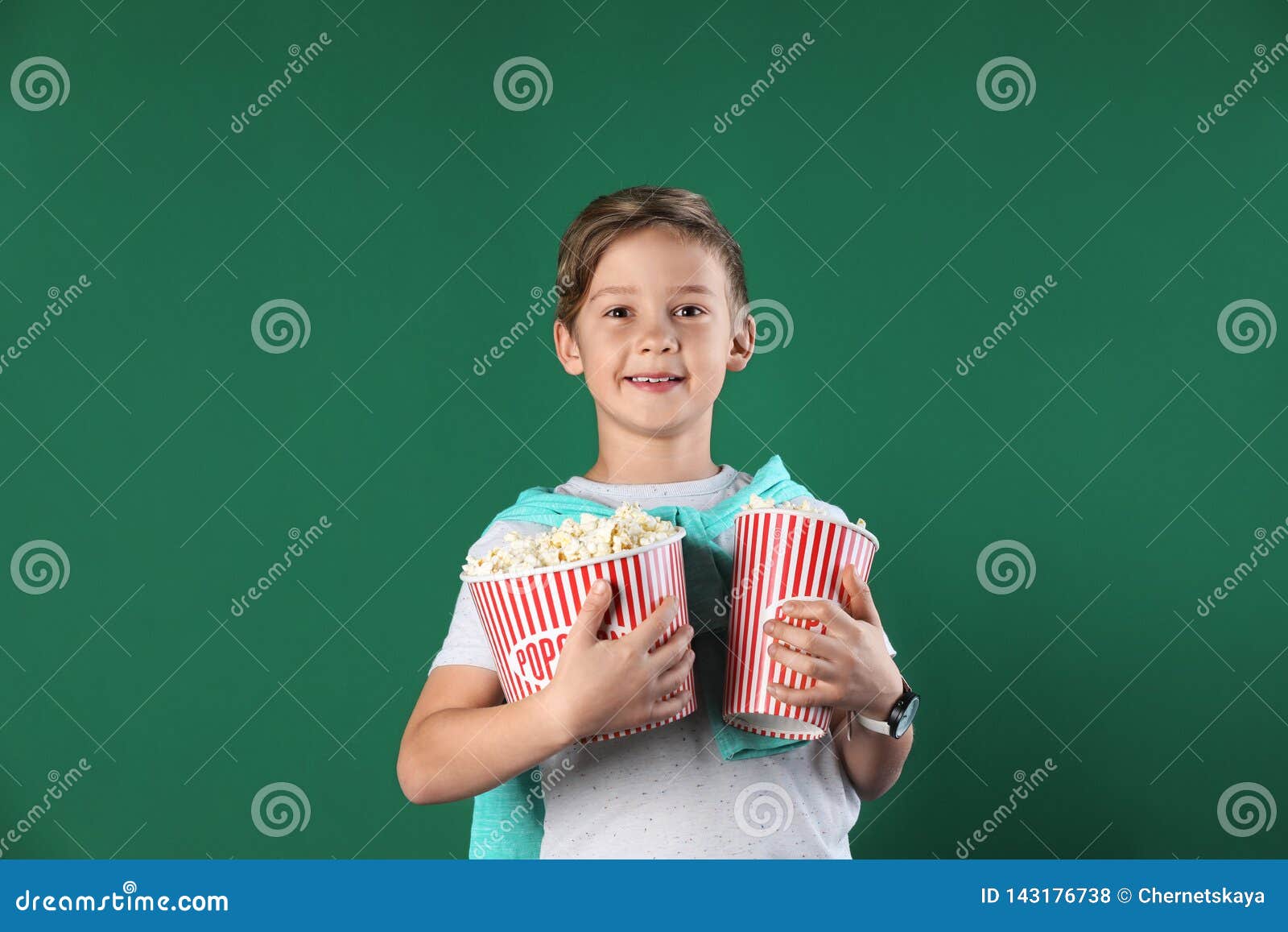 Cute Boy with Popcorn Buckets Stock Photo - Image of childhood ...