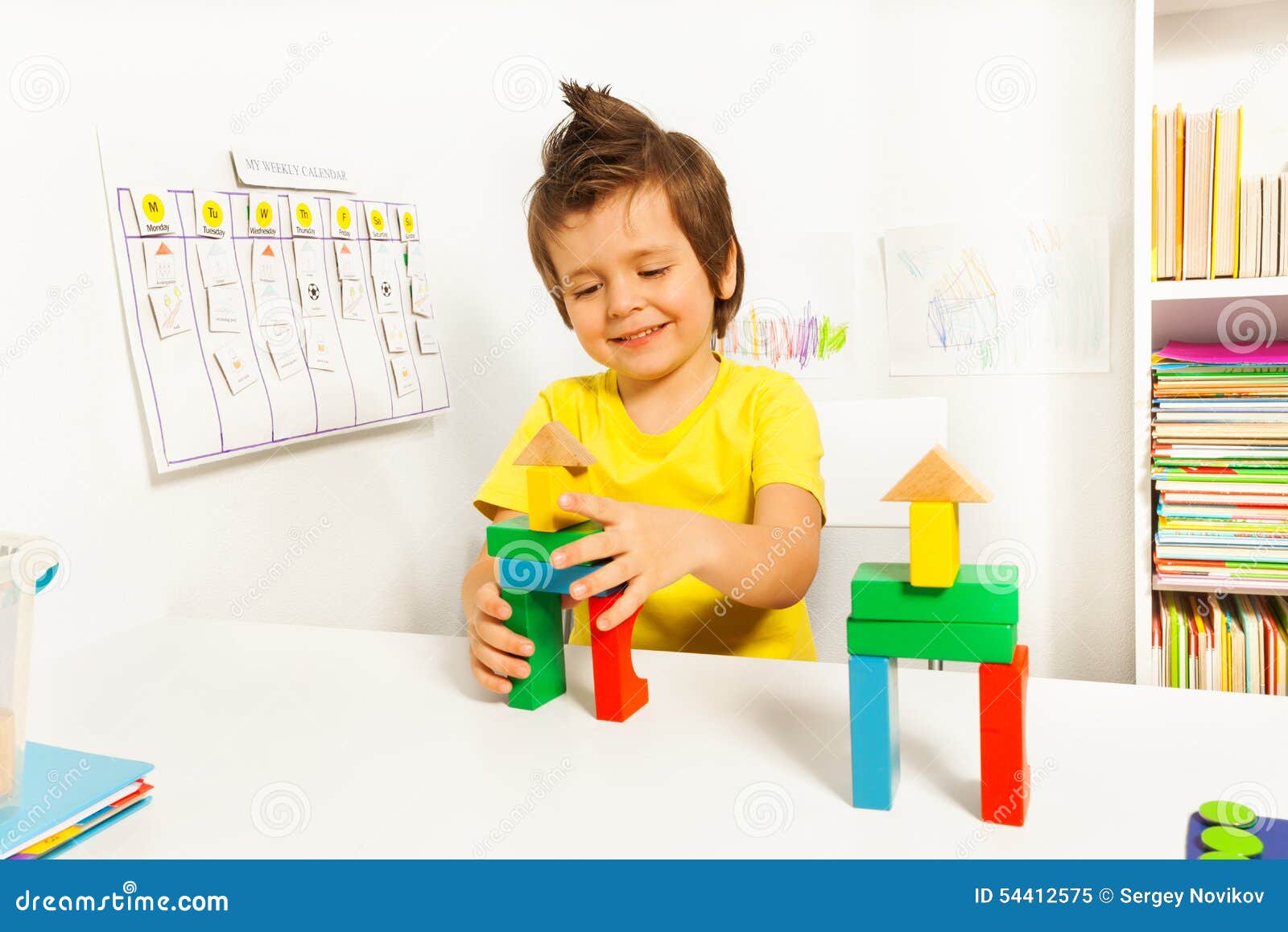 Cute Boy Putting Blocks Replicating Example Stock Image - Image of ...