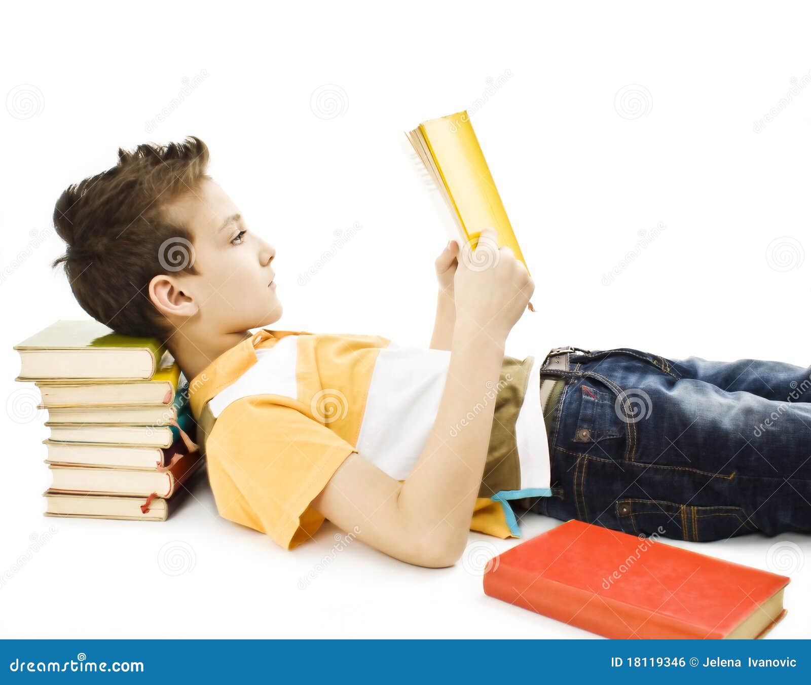Cute Boy Reading a Book on the Floor Stock Photo - Image of literacy ...