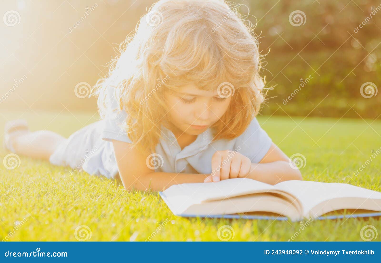 Cute Boy Reading Book on Green Grass. Stock Photo - Image of cute ...