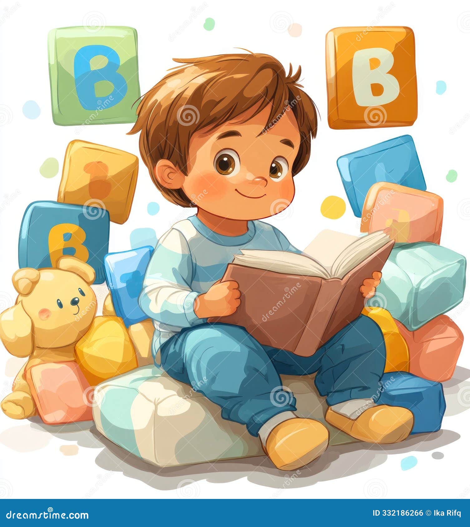 Cute Boy Reading a Book Surrounded by Colorful Blocks Illustration ...