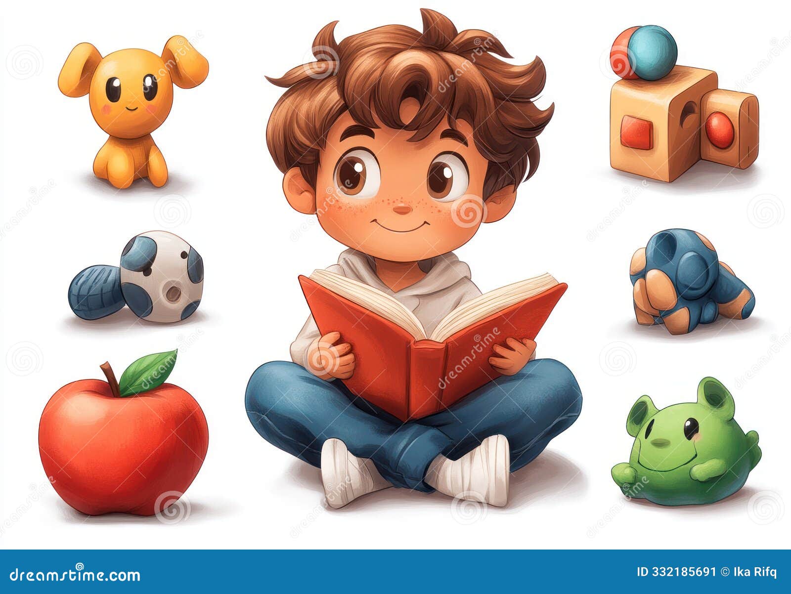 Cute Boy Reading a Book with Toys Illustration Stock Illustration ...