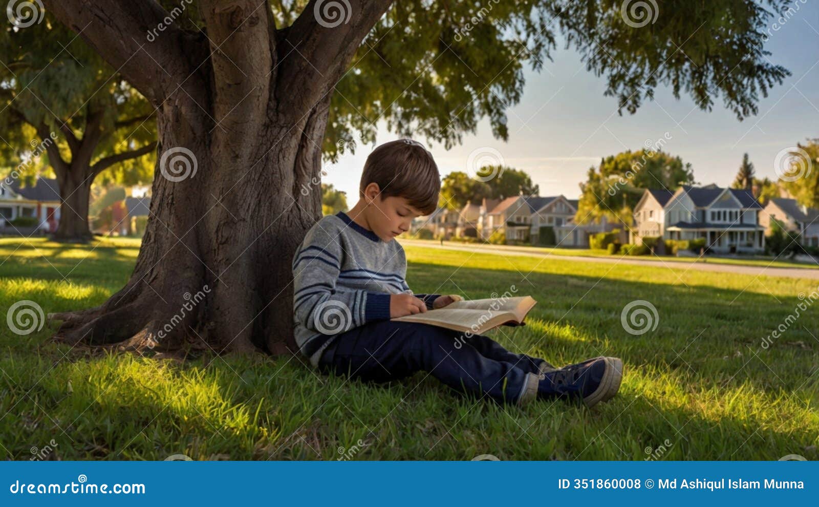 A Cute Boy Reading Book Under the Tree Stock Illustration ...