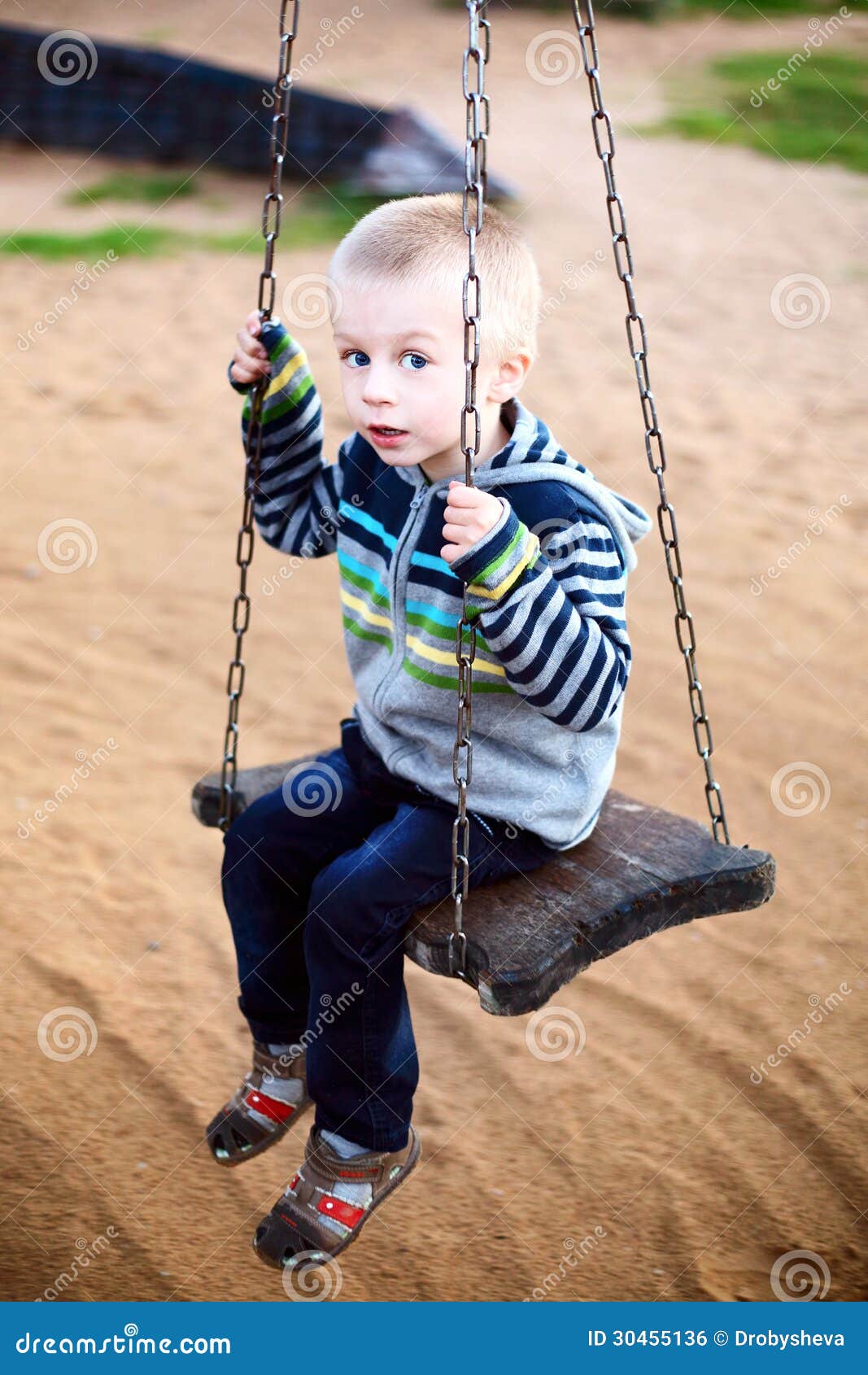 Cute boy riding on a swing stock photo. Image of happiness - 30455136