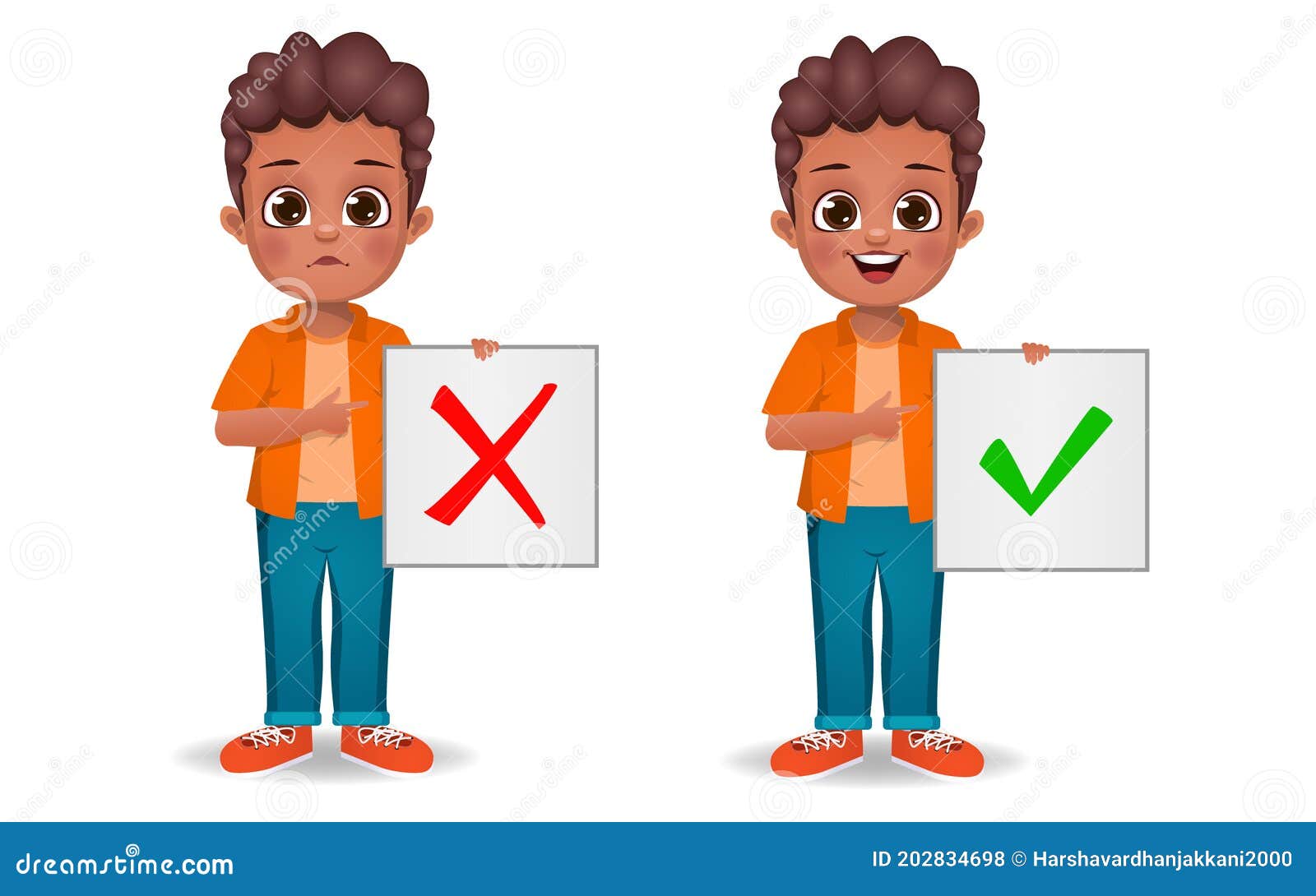 Cute Boy Showing Correct and Wrong Sign Stock Illustration ...