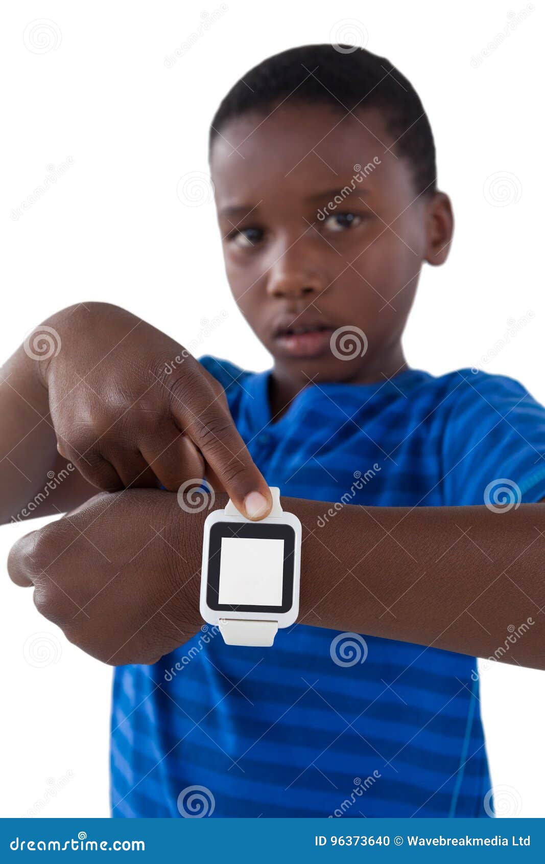 Cute Boy Showing His Smart Watch Stock Photo - Image of studio, people ...
