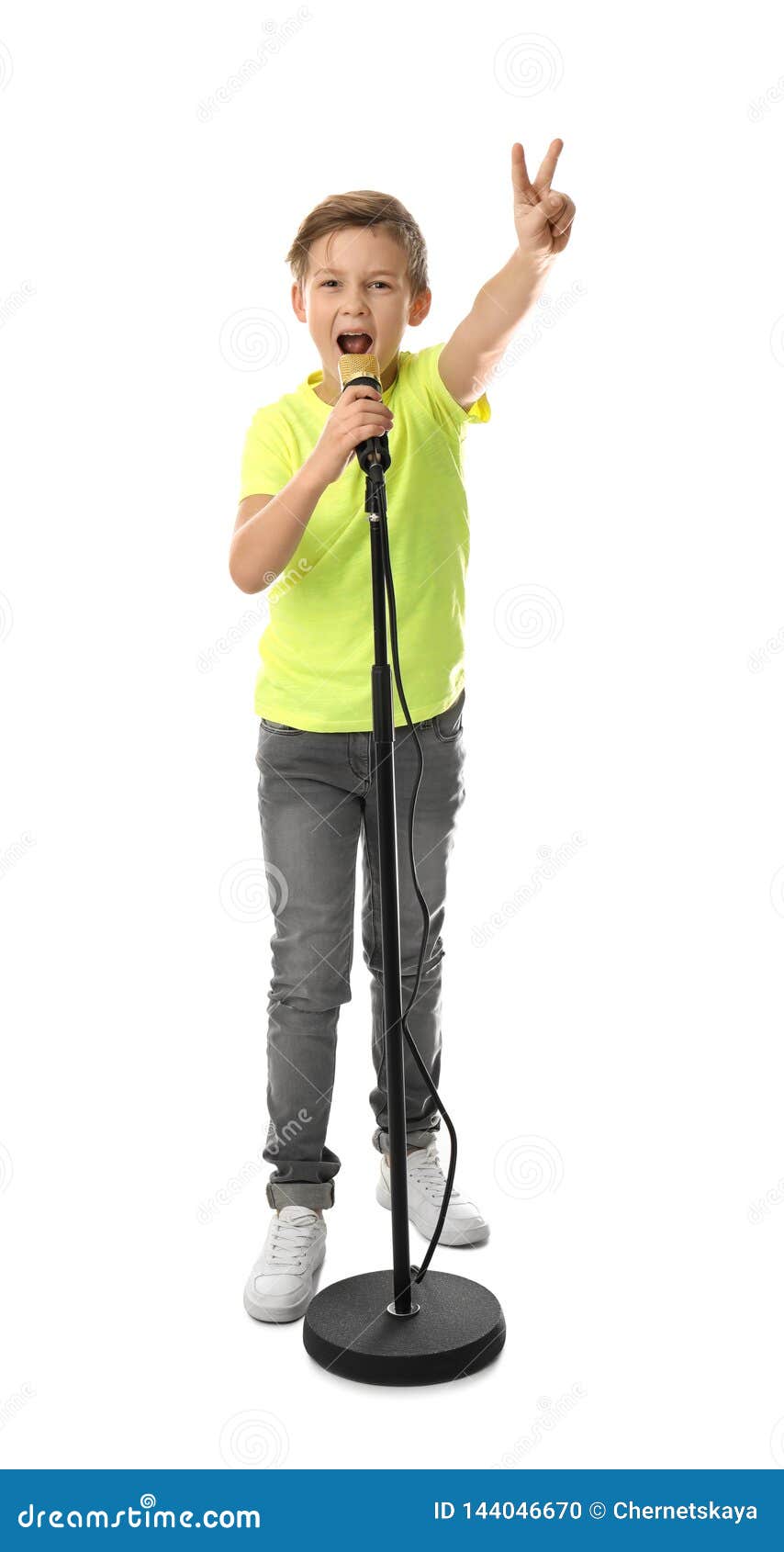 Cute Boy Singing in Microphone on White Stock Photo - Image of preteen ...