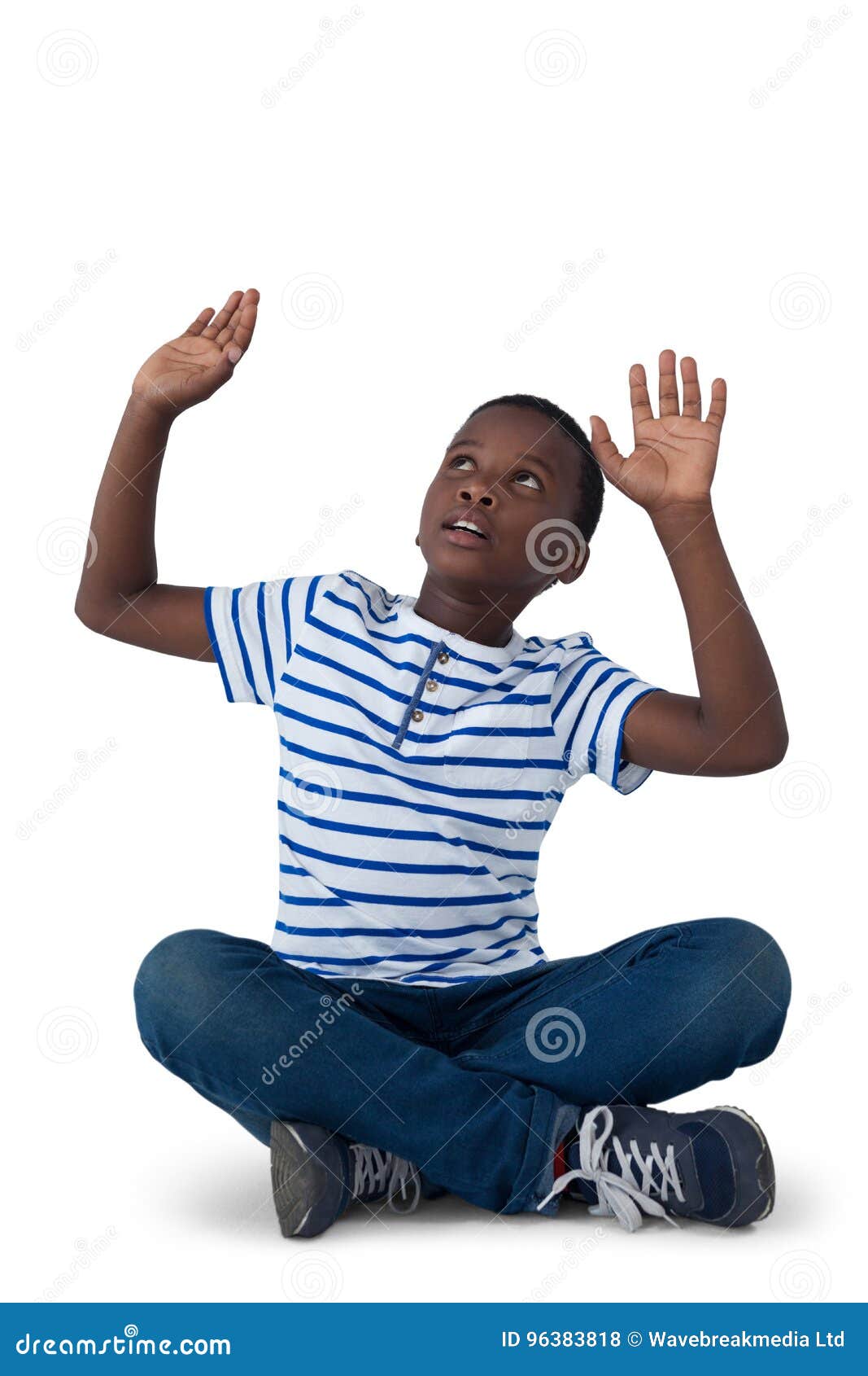 Cute Boy Sitting with Hand Raised Stock Photo - Image of confidence ...