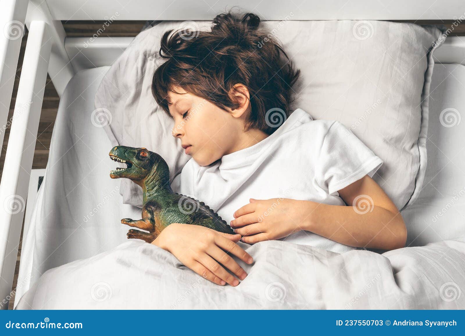 Cute Boy is Sleeping in Bed with a Toy Dinosaur Stock Image - Image of ...