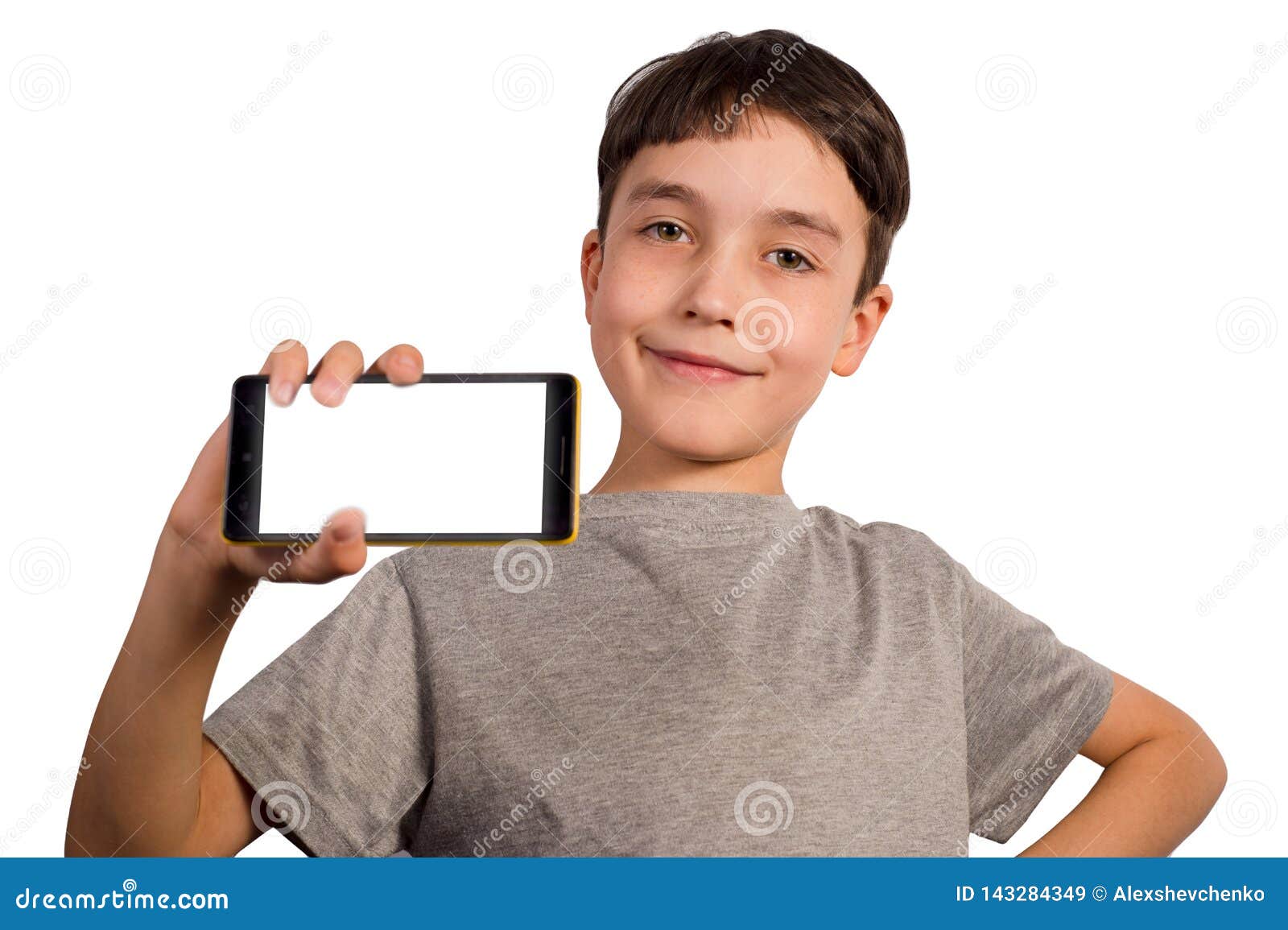 Cute Boy with Smartphone Posing on White Background Stock Image - Image ...