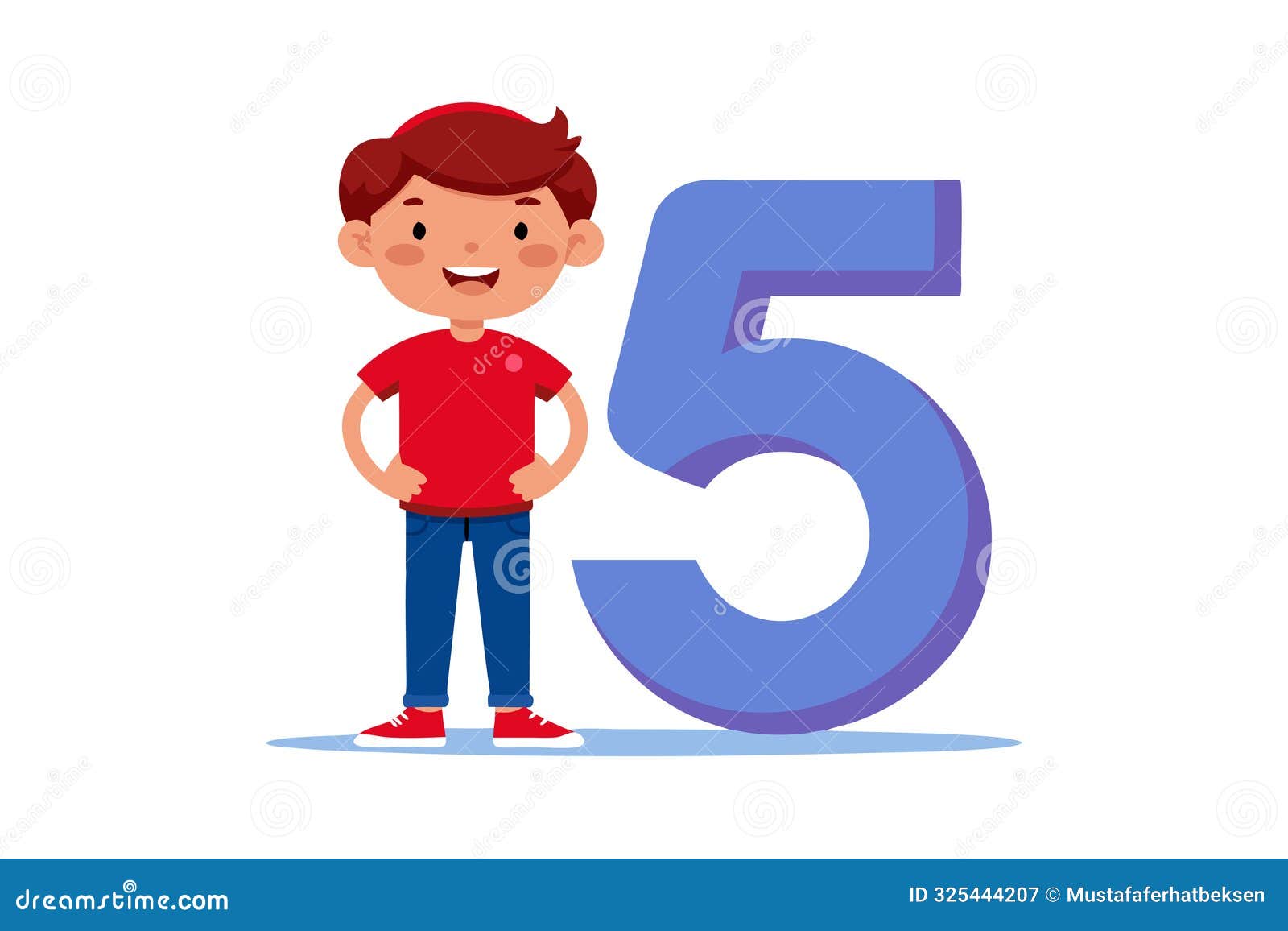 Cute Boy Standing Next To a Large Number Five in a Playful Pose Stock ...