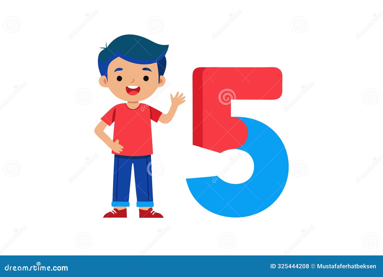 Cute Boy Standing Next To a Large Number Five in a Playful Pose Stock ...