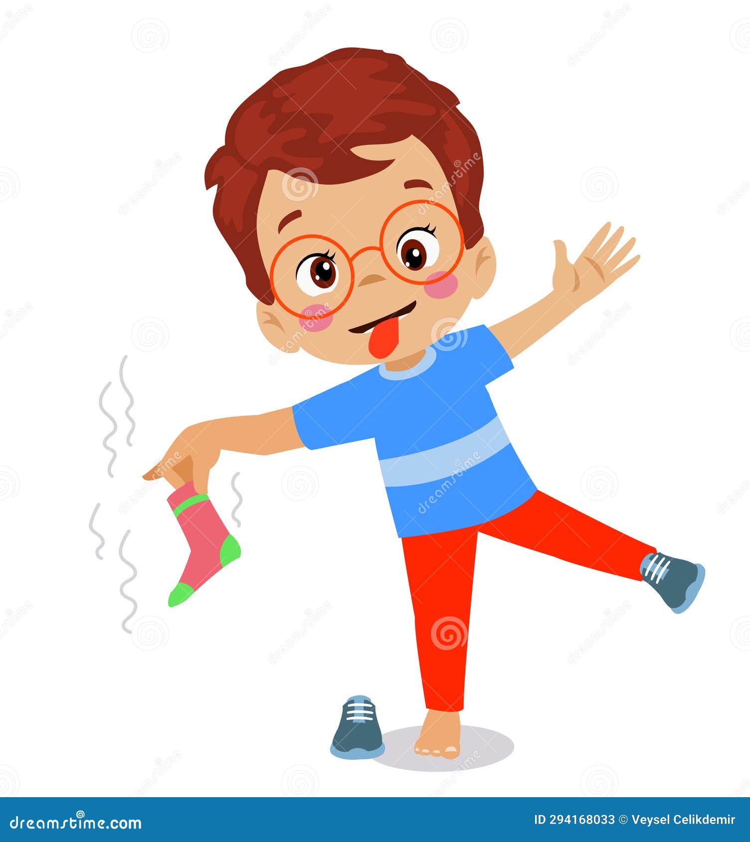 Cute boy with stinky socks stock vector. Illustration of little - 294168033