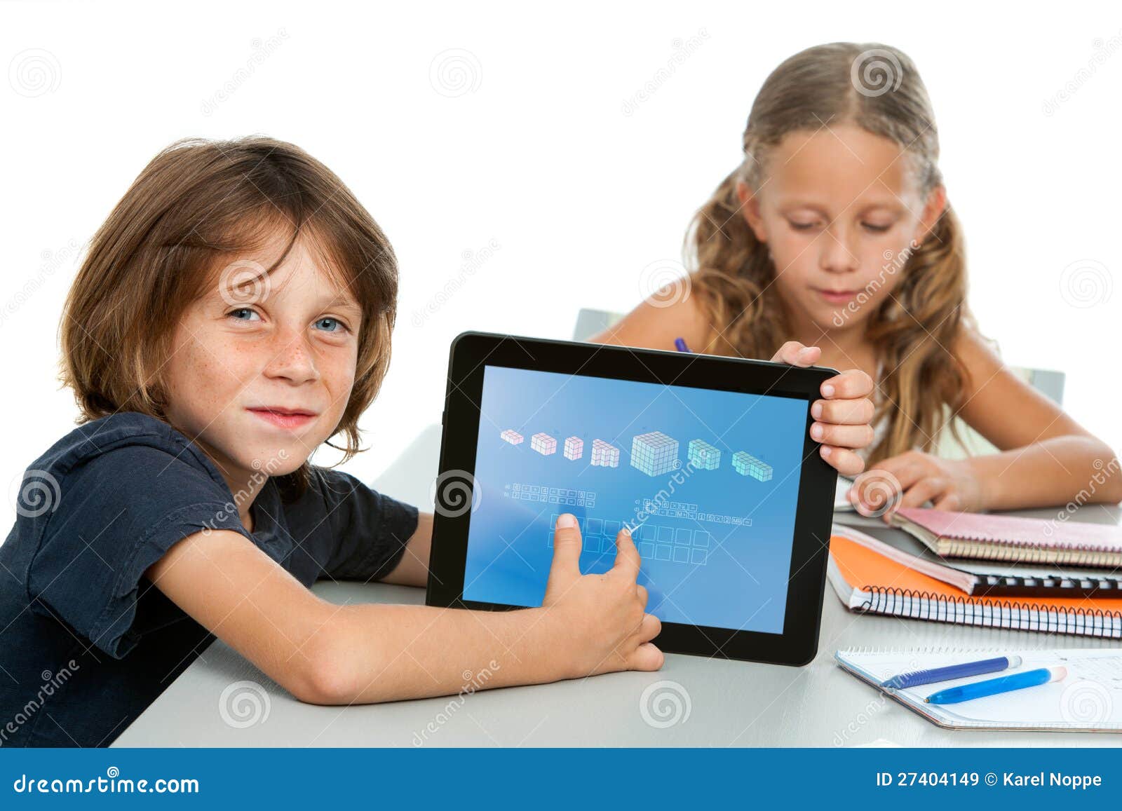 Cute Boy Student Doing Maths on Digital Tablet. Stock Image - Image of ...