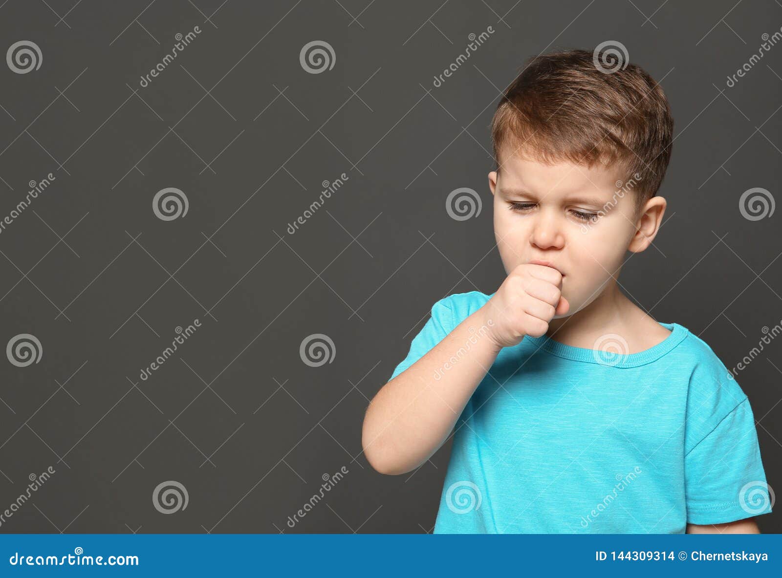 Cute Boy Suffering from Cough on Dark Background Stock Photo - Image of ...