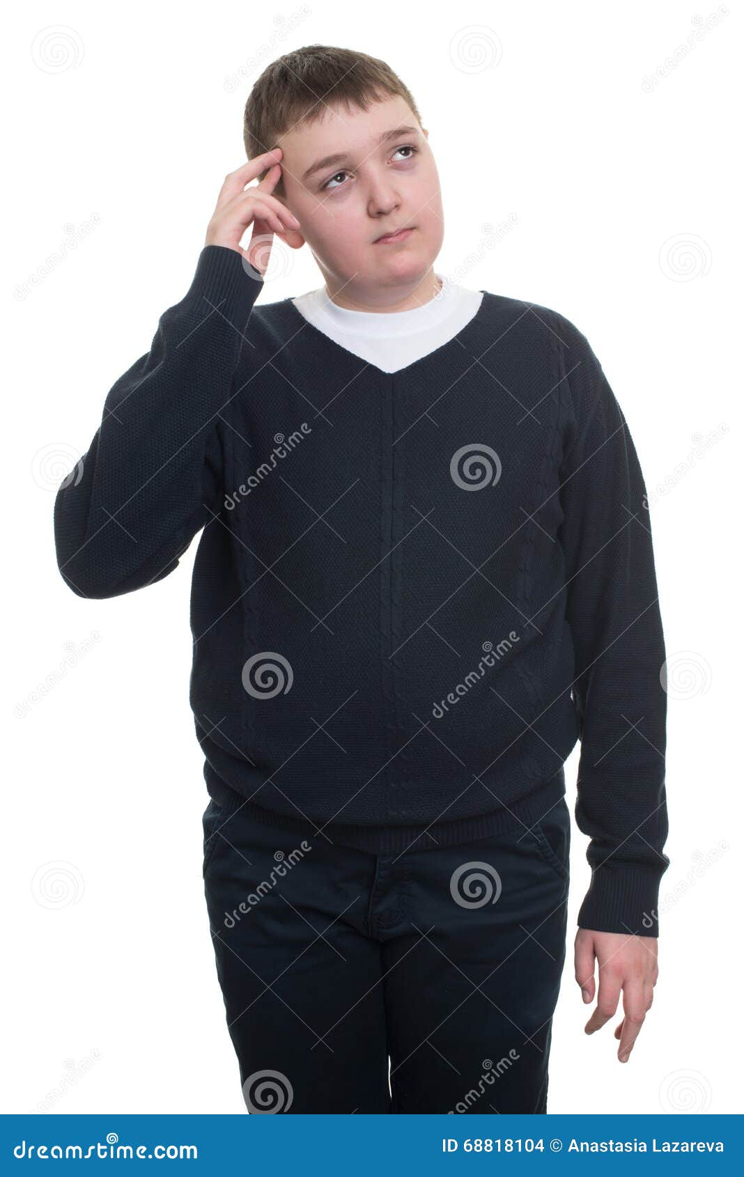 Cute boy thinking gesture stock photo. Image of white - 68818104