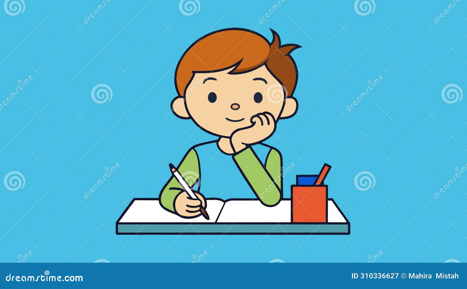 Cute Boy Thinking while Working on His School Project Stock Vector ...