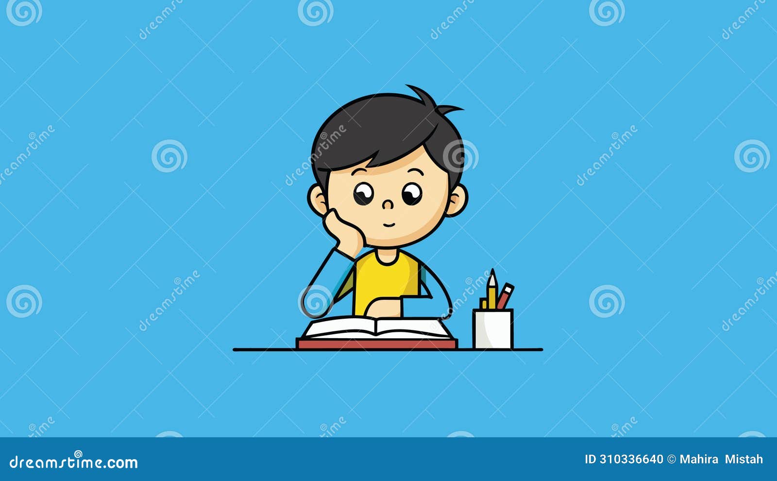 Cute Boy Thinking while Working on His School Project Stock Vector ...