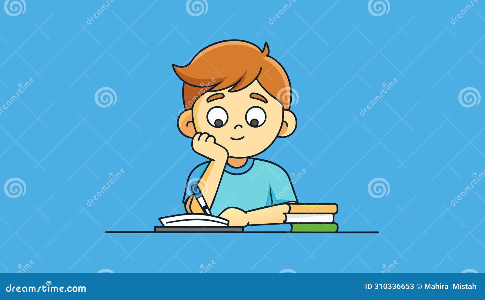 Cute Boy Thinking while Working on His School Project Stock Vector ...