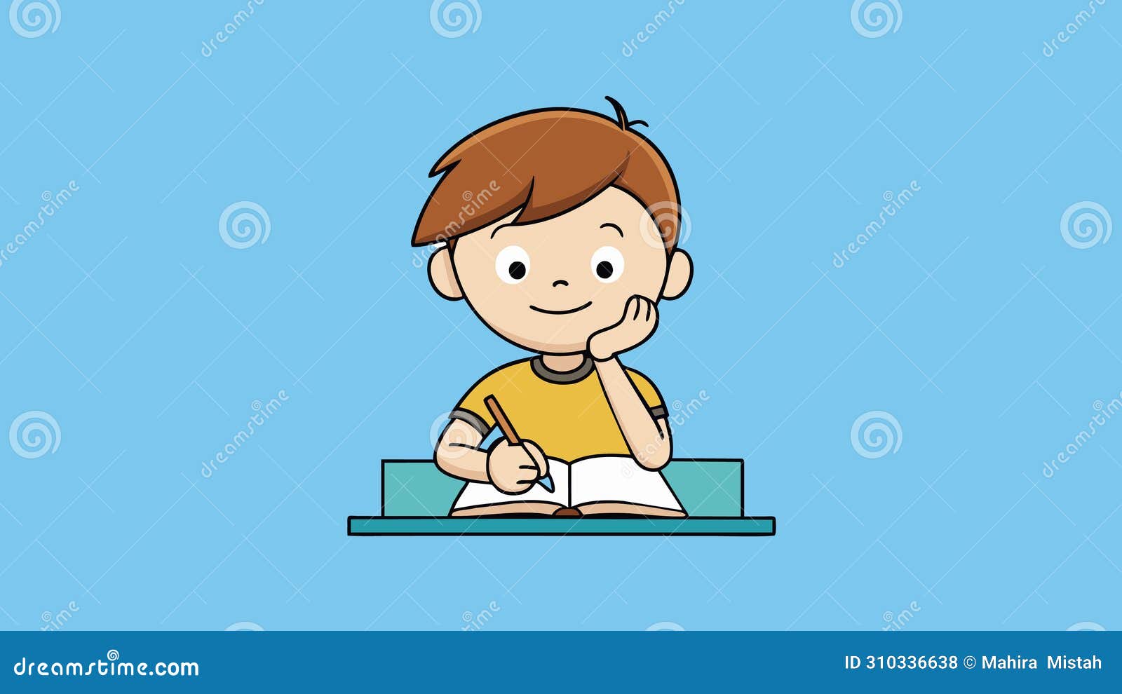 Cute Boy Thinking while Working on His School Project Stock Vector ...