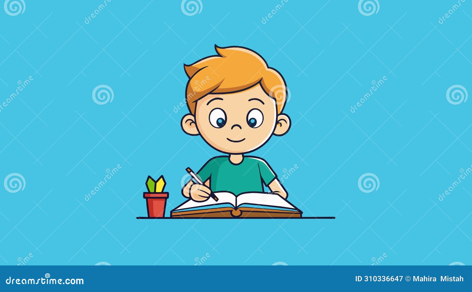 Cute Boy Thinking while Working on His School Project Stock Vector ...