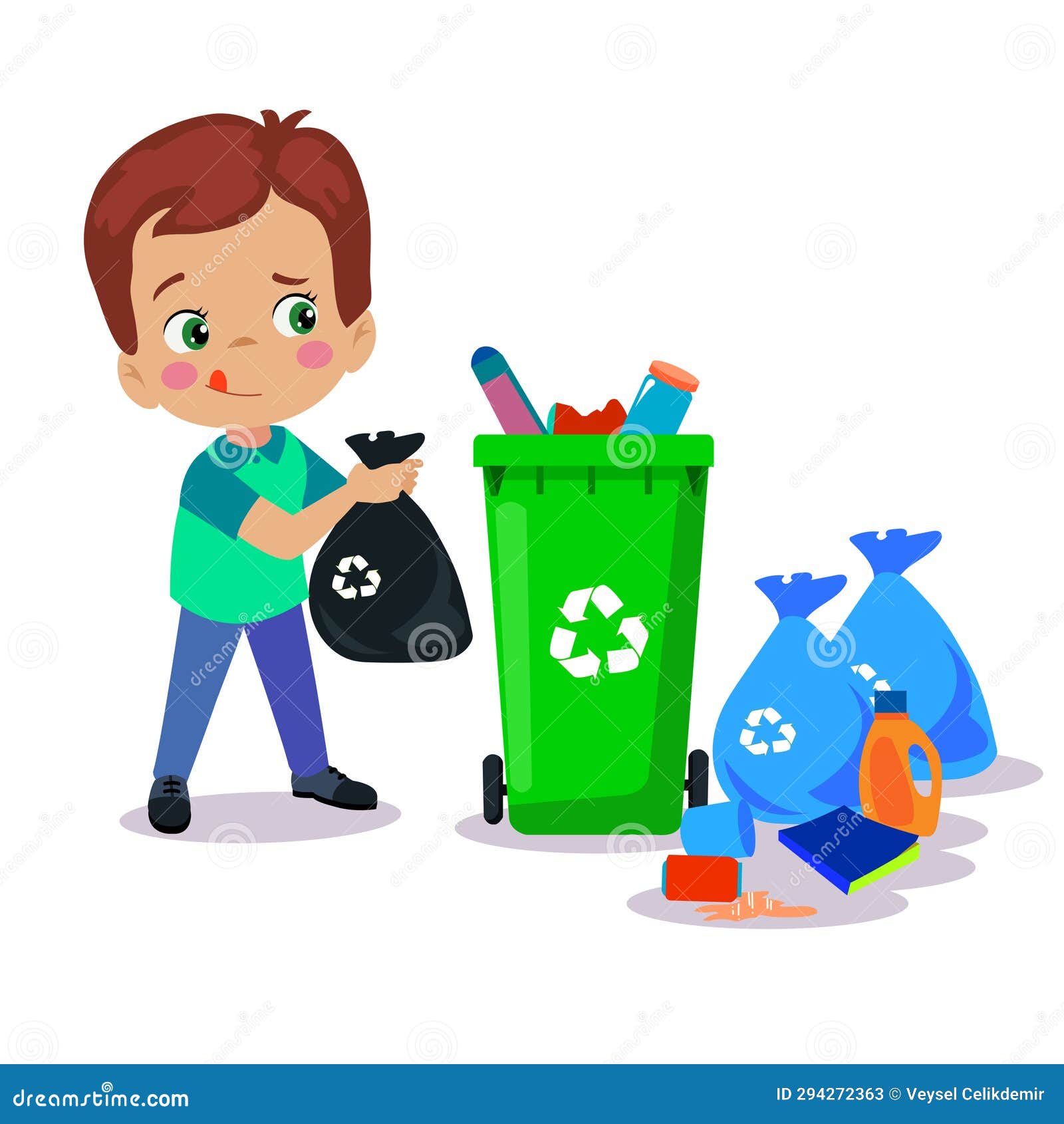 Cute Boy Throwing Trash in Recycle Bin Stock Illustration ...