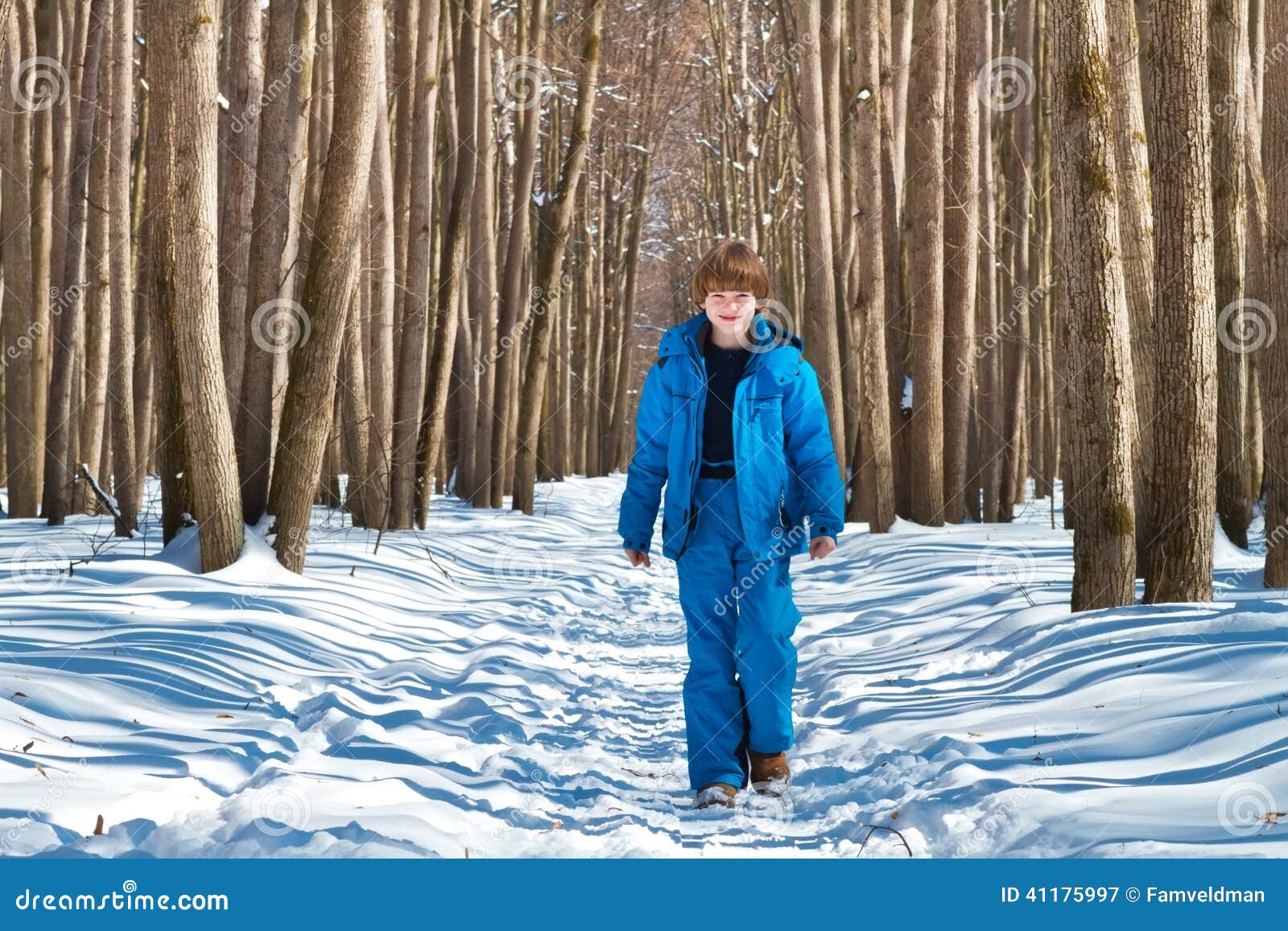Cute Boy Walking in a Snowy Forest on a Cold Sunny Day Stock Image ...