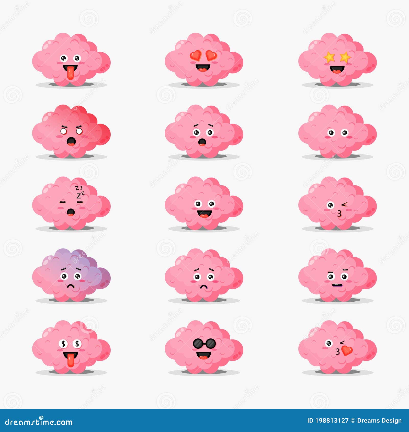 Cute Brain with Emoticons Set Stock Vector - Illustration of emoticon ...