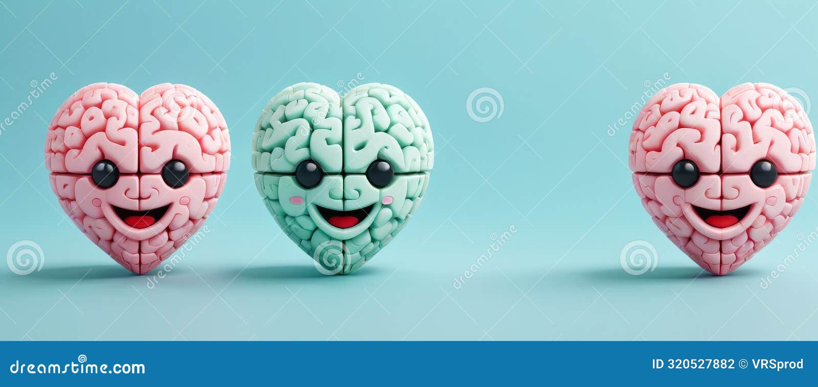 Cute Brain Heart Characters on Blue Background Stock Illustration ...