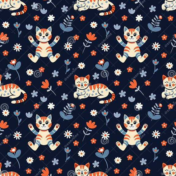 Cute Bright Cats on a Blue Background Stock Illustration - Illustration ...