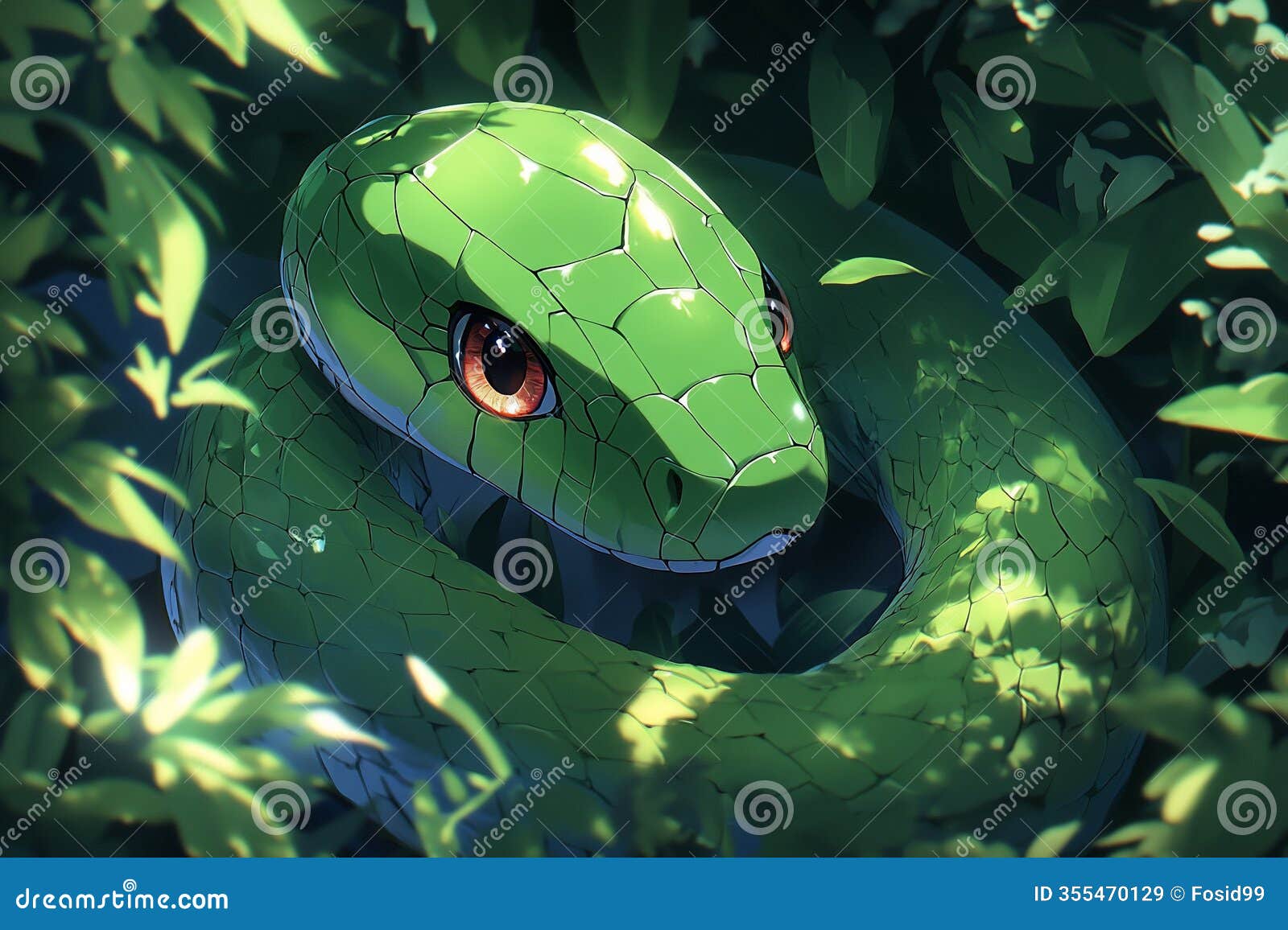 Cute, Bright Green Snake Coiled in Lush Foliage Stock Illustration ...
