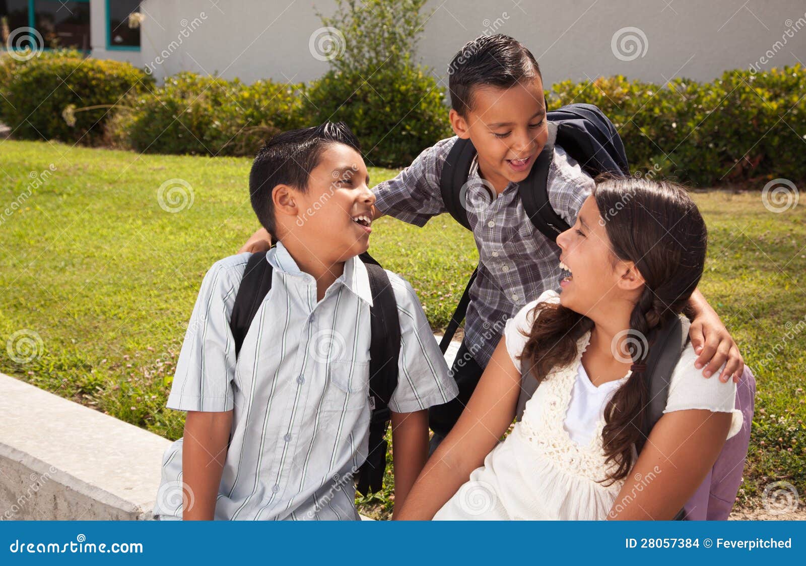 Cute Brothers and Sister Talking, Ready for School Stock Photo - Image ...