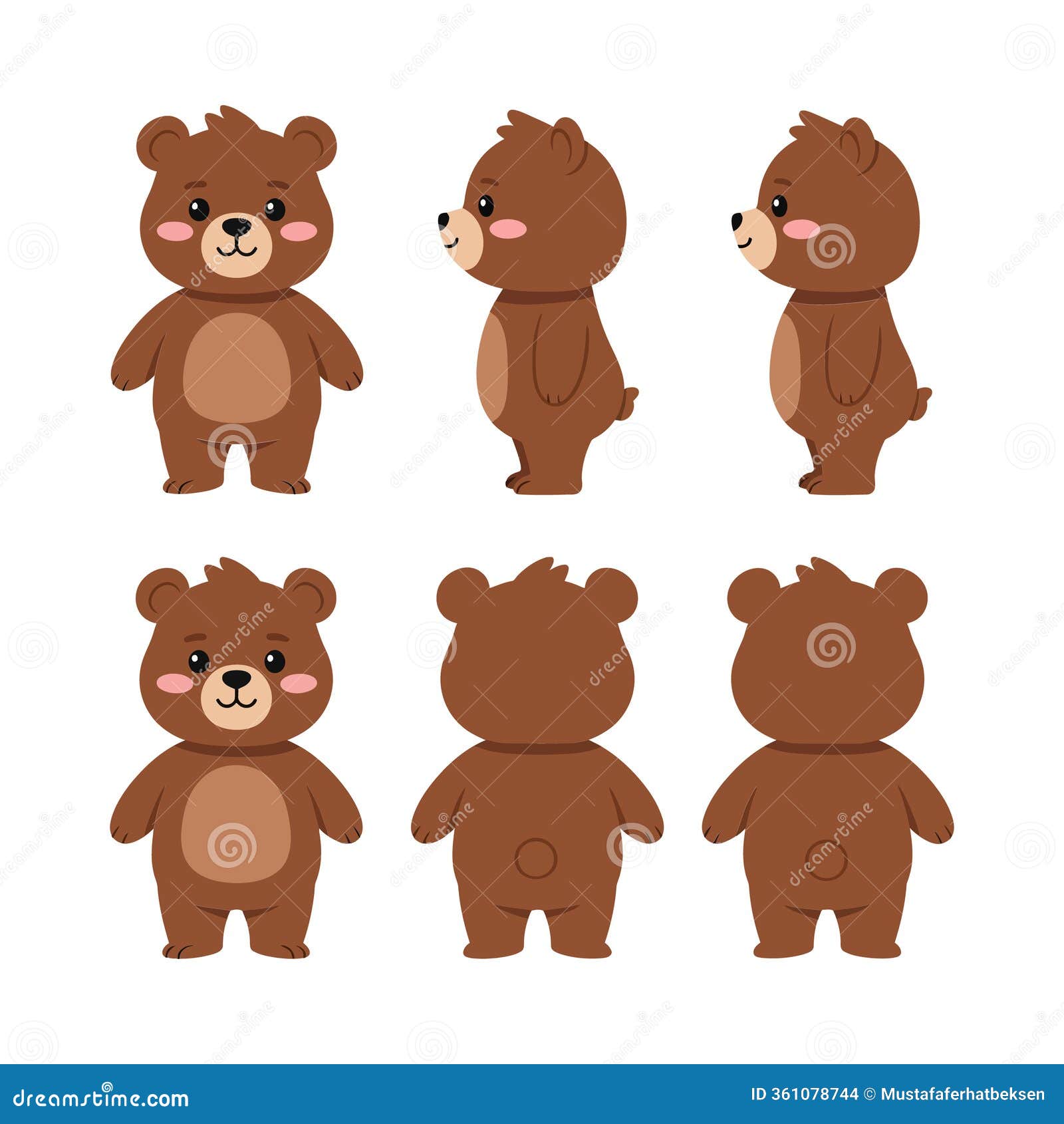 Cute Brown Bear Character Design in Flat Style Showcasing Multiple ...