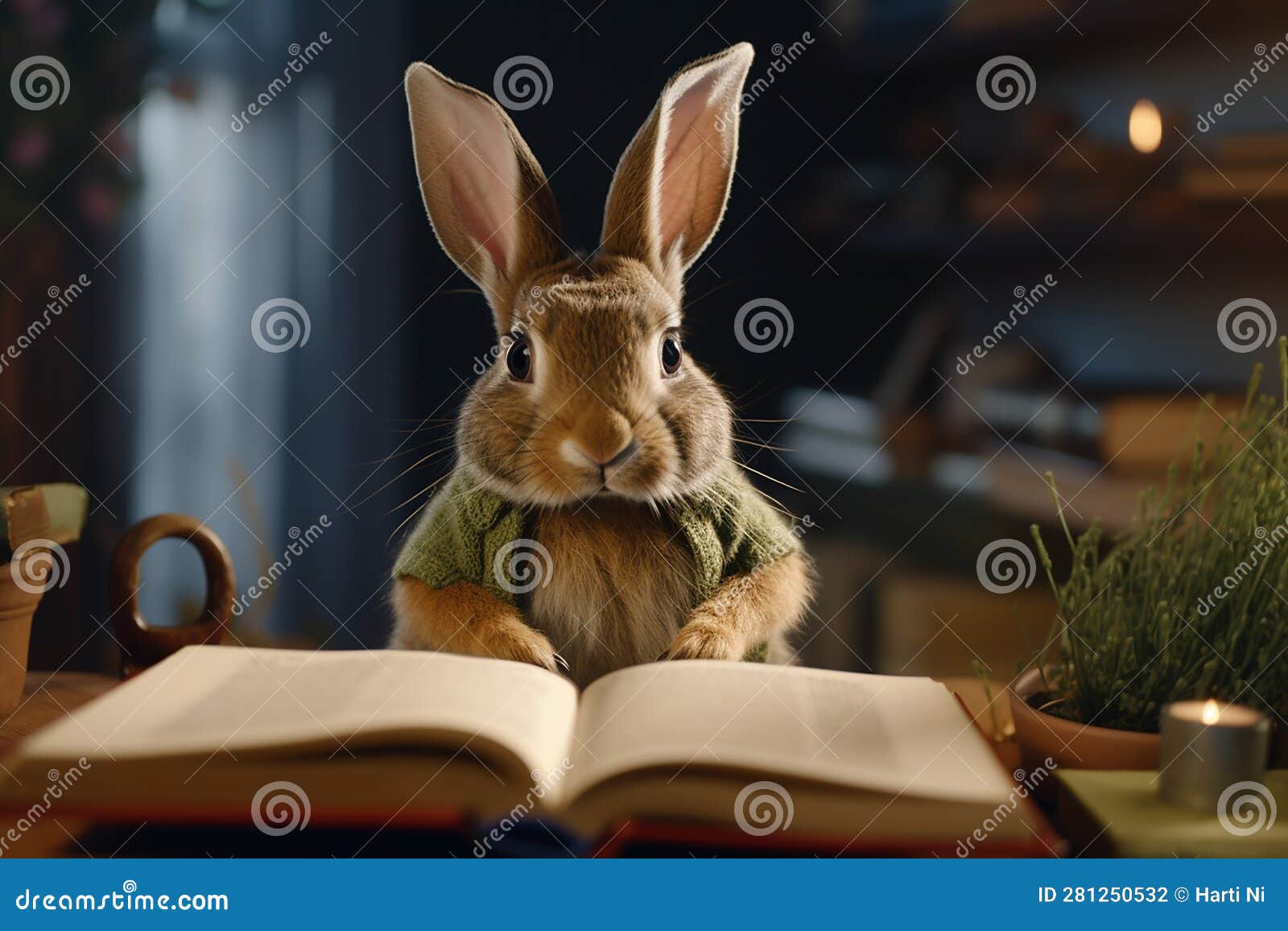 Cute Brown Bunny Rabbit Reading a Book in the Room Looks Diligent and ...