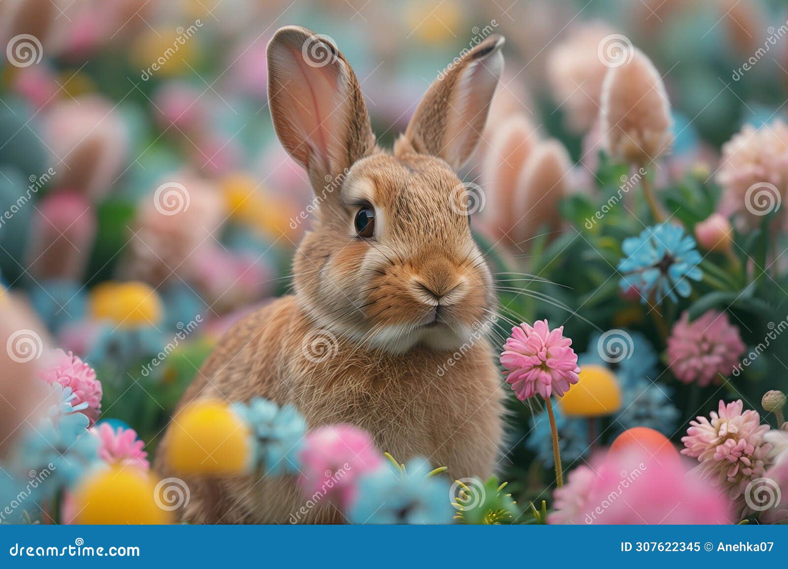 Cute Brown Bunny Surrounded by Colorful Spring Flowers Stock Image ...