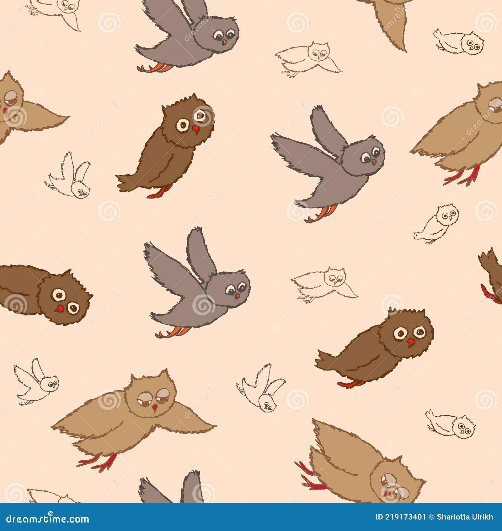 Cute, Brown Flying Hand Drawn Owl Pattern, Vector Illustrations Stock ...